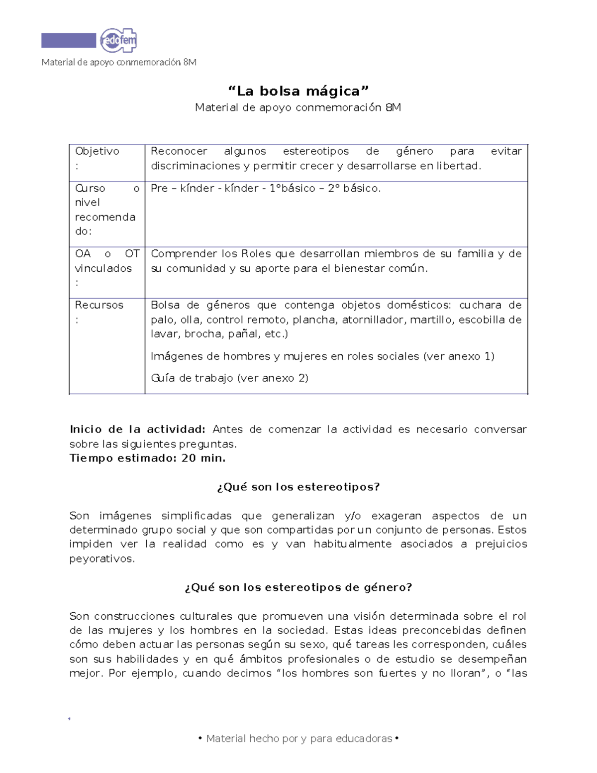 Guía La Bolsa mágica , Pre-kinder a 2°básico - “La bolsa mágica ...