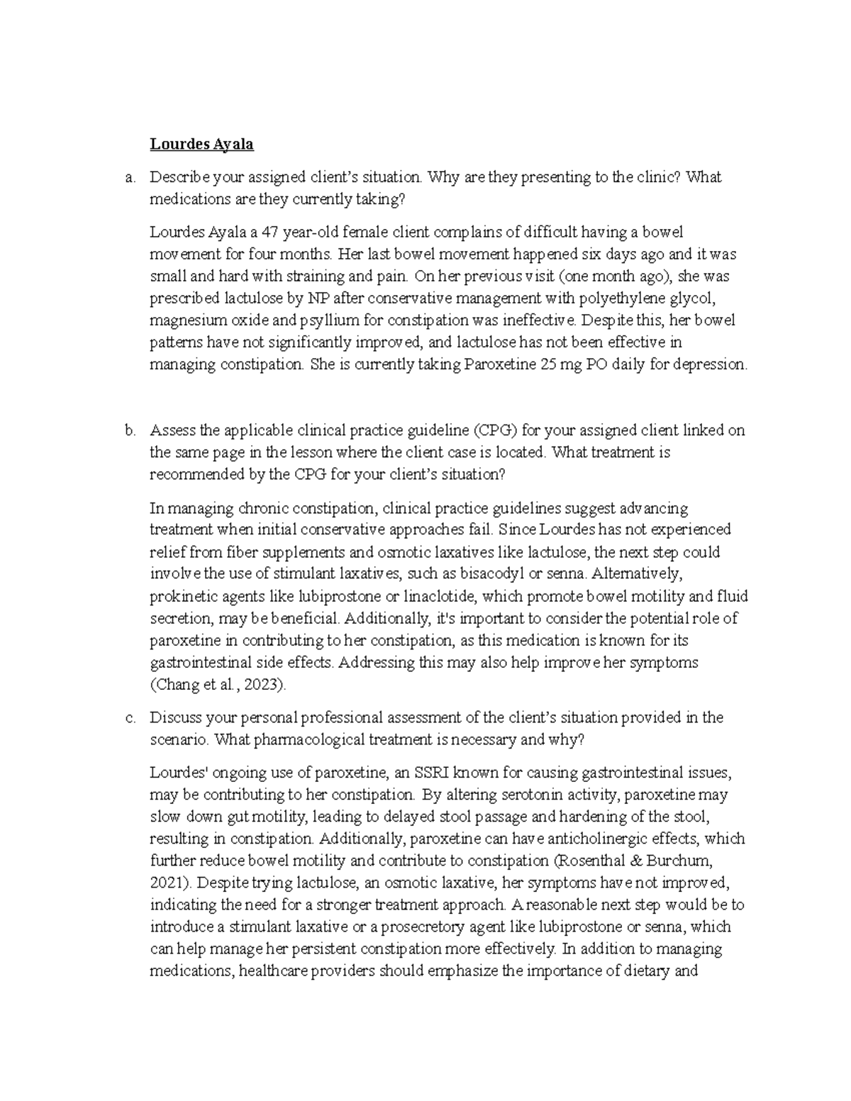 NUR 302: Case Study on Chronic Constipation Management for Lourdes ...