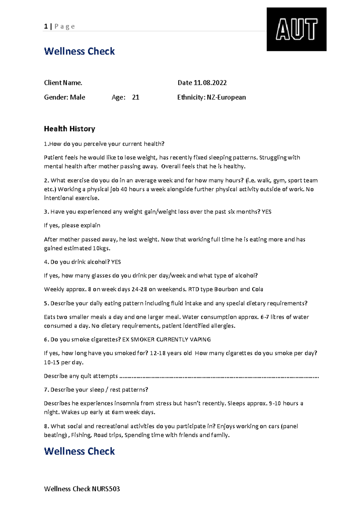 Wellness Check Assessment 2: Part 1 for Client Jack Askew - Studocu