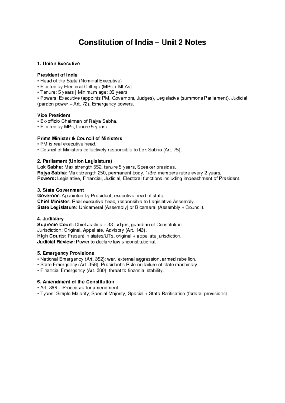 COI Unit 2 Notes: Union Executive, Parliament, and Judiciary Overview ...