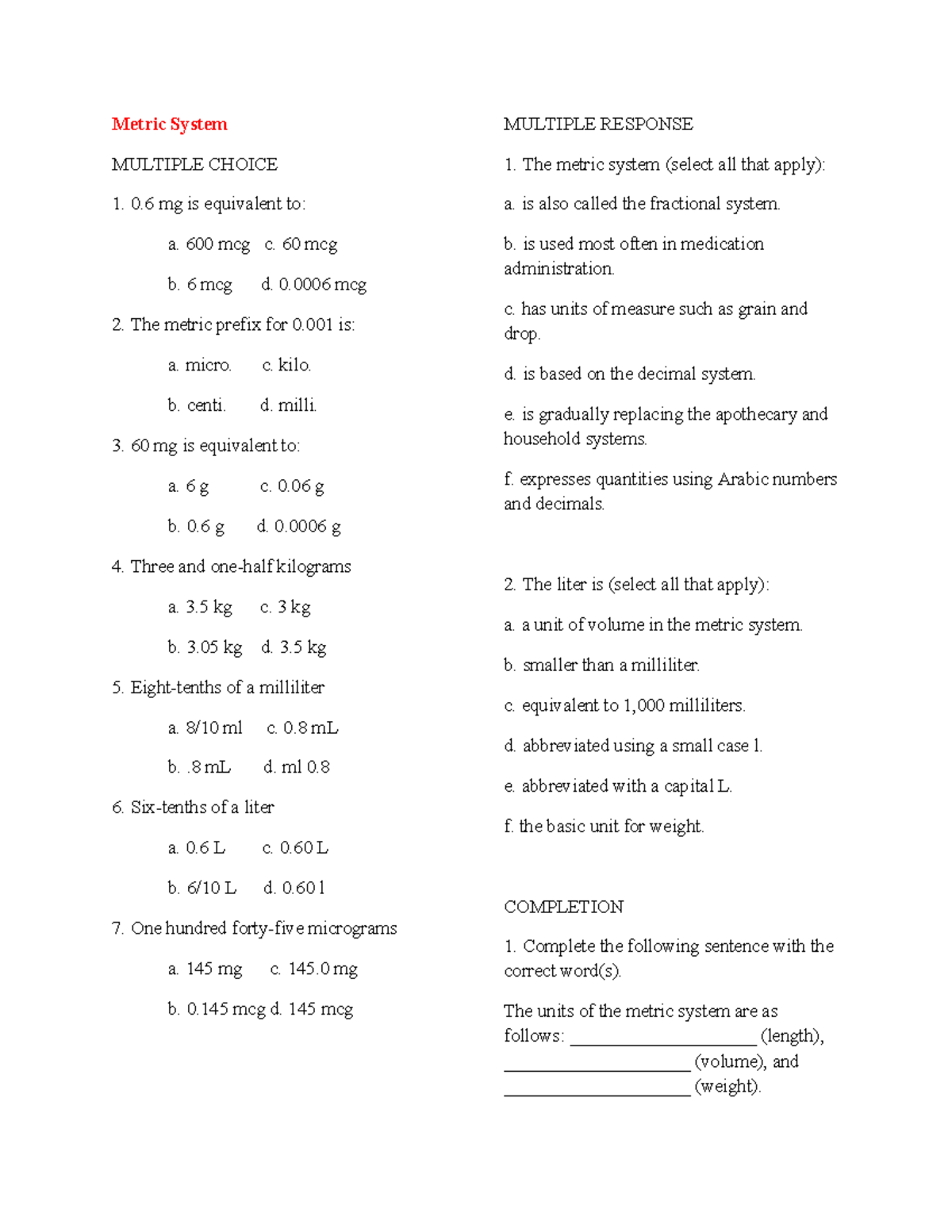 Math 181 Test One Review: Metric & Apothecary Systems Quiz - Studocu