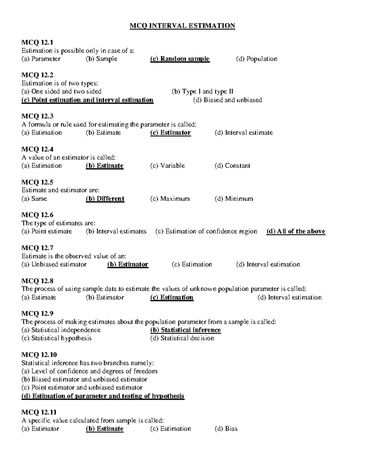 MCQ on Interval Estimation with Correct Answers - STAT 101 - Studocu