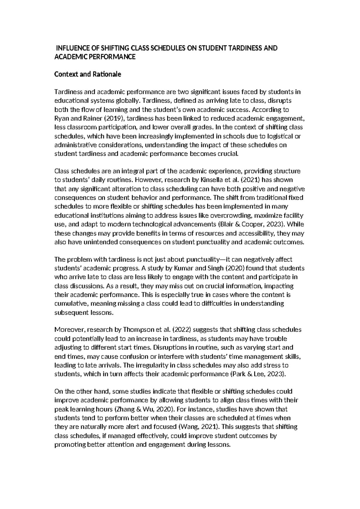 Influence of Shifting Class Schedules on Tardiness & Academic Perf ...