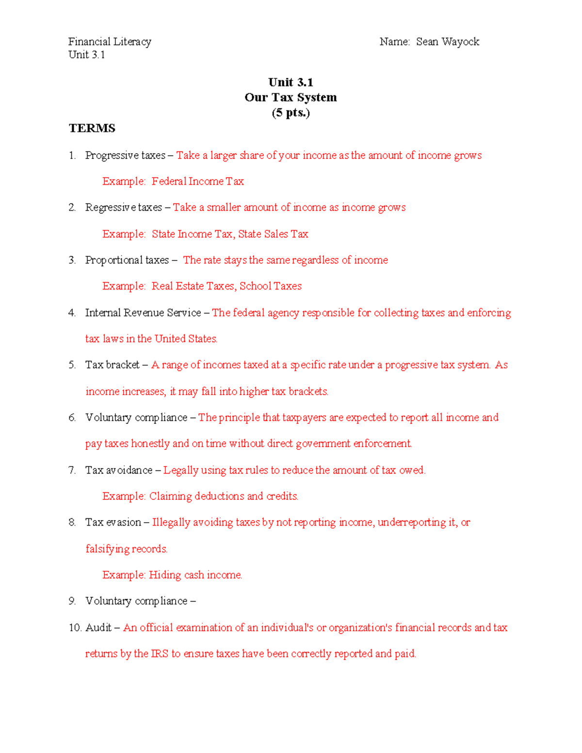 Financial Literacy (Unit 3.1) - Our Tax System Worksheet - Studocu