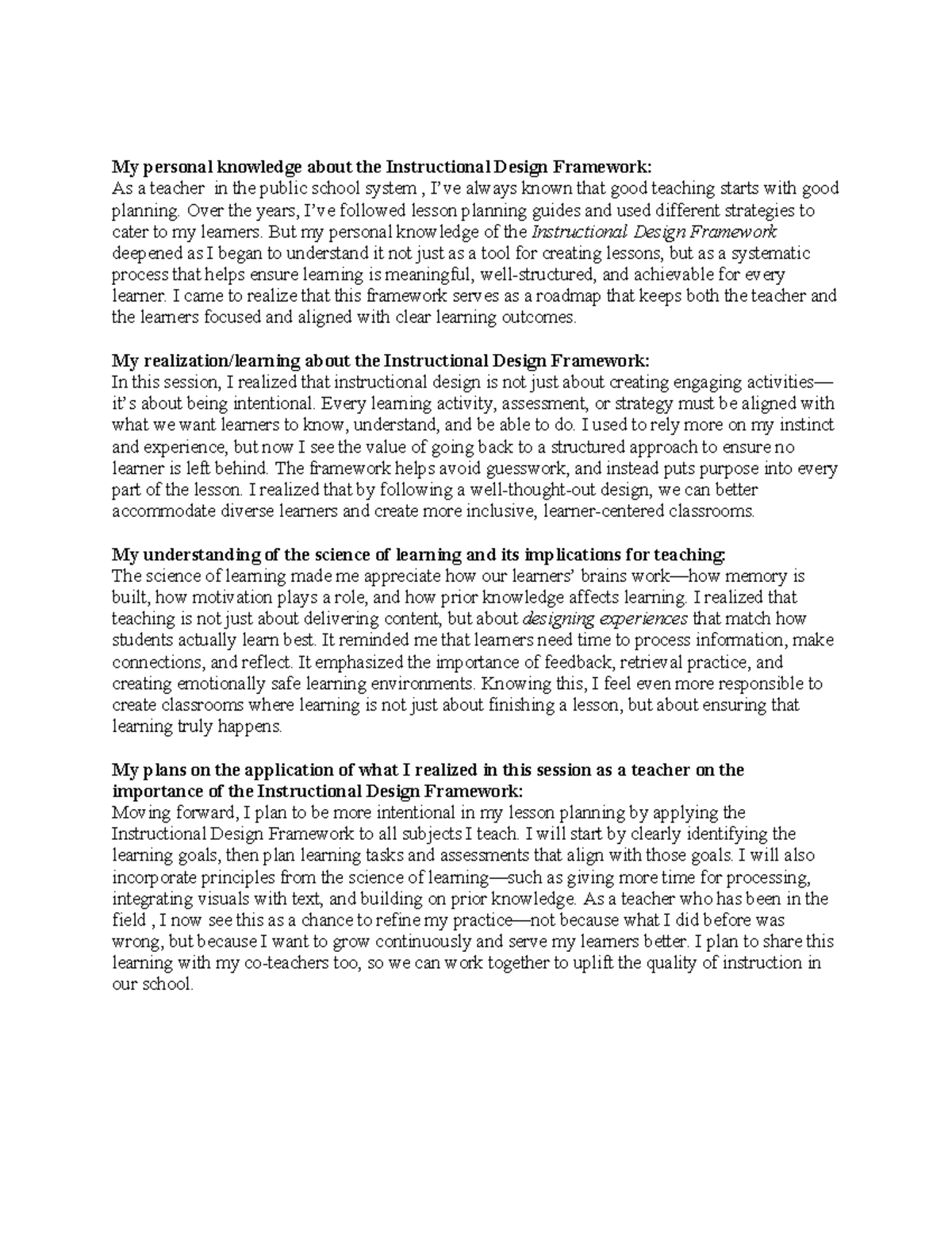 Instructional Design Framework Insights: A Teacher's Reflection - Studocu