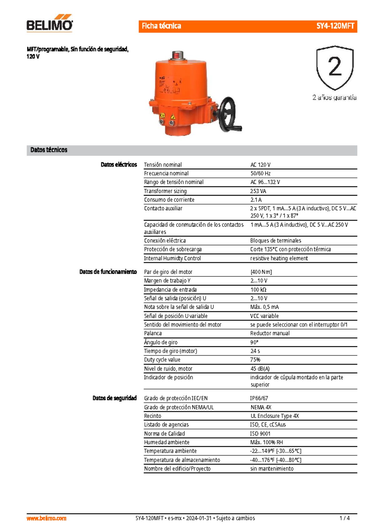 Ficha técnica Belimo SY4-120MFT: Datos y Especificaciones - Studocu