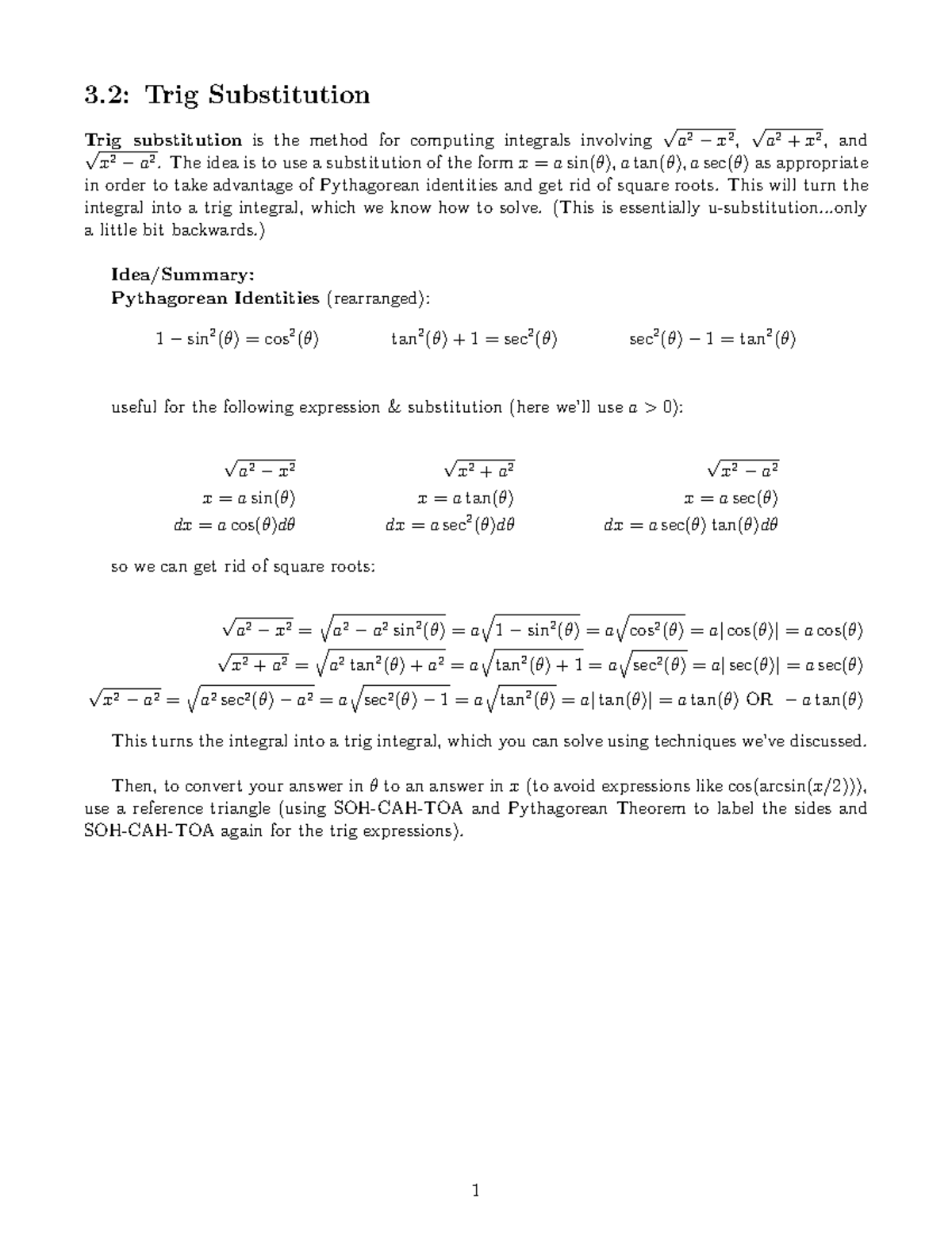 3.3: Trig Substitution Techniques for Integrals - Studocu