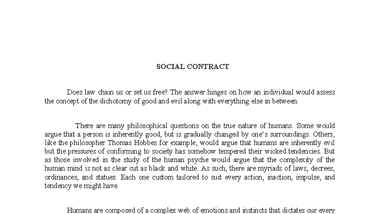 SOC 101 - Social Contract Essay: Law's Role in Freedom vs. Restraint ...