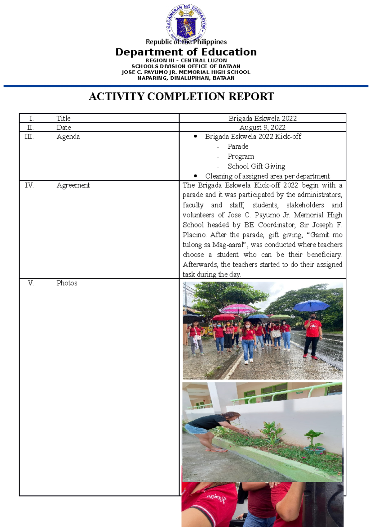 Brigada Eskwela 2022 Activity Completion Report - JCPJr. MHS - Studocu