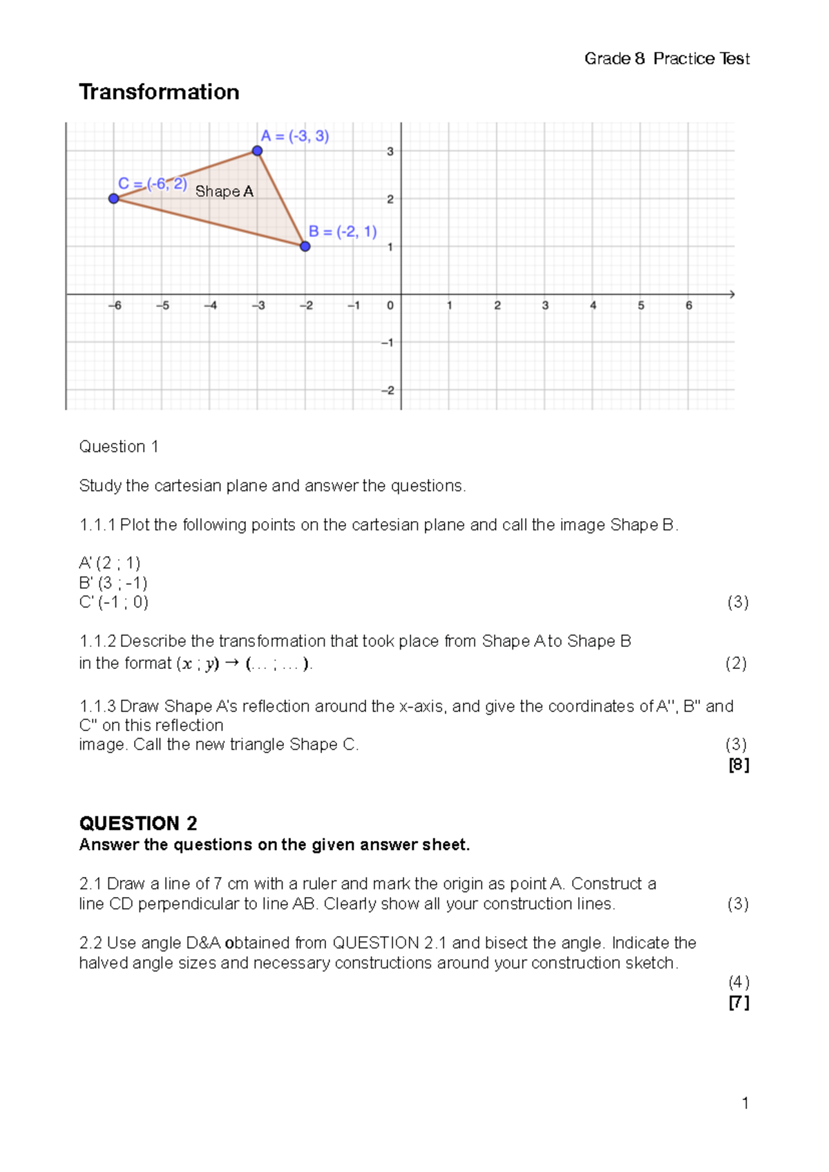 Grade 8 Math Prac Test Term 3: Transformations and Constructions - Studocu