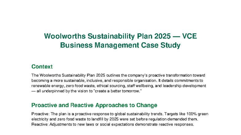Woolworths Sustainability Plan 2025: VCE Business Management Case Study ...