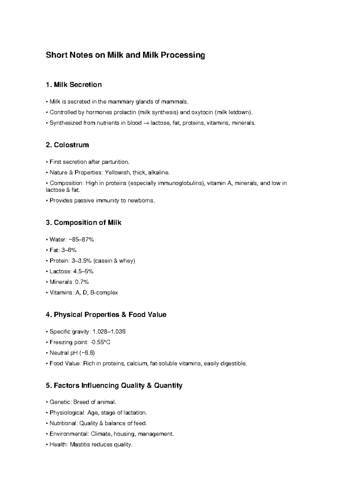 Milk Processing Notes: Key Concepts and Composition - Studocu