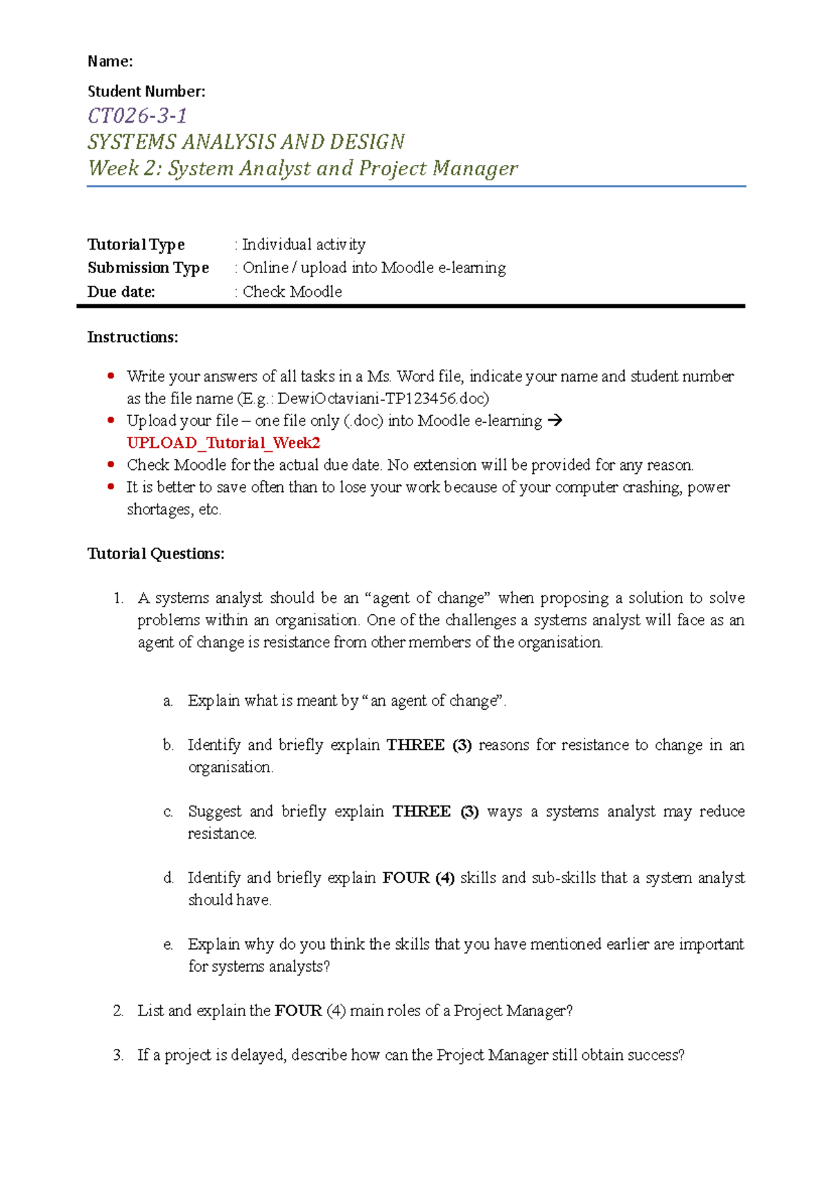 CT026-3: Week 2 Tutorial on System Analyst & Project Manager Insights ...