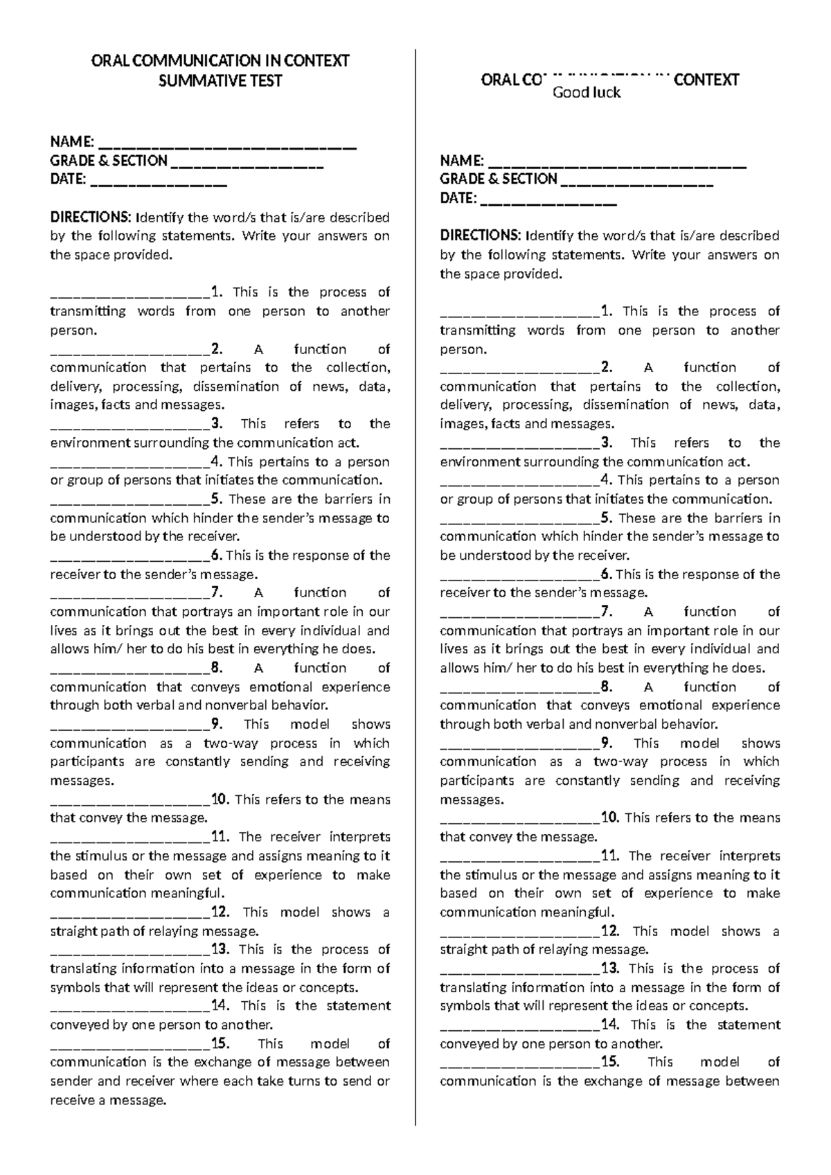 ORAL COMMUNICATION IN CONTEXT SUMMATIVE TEST REVIEW - Studocu