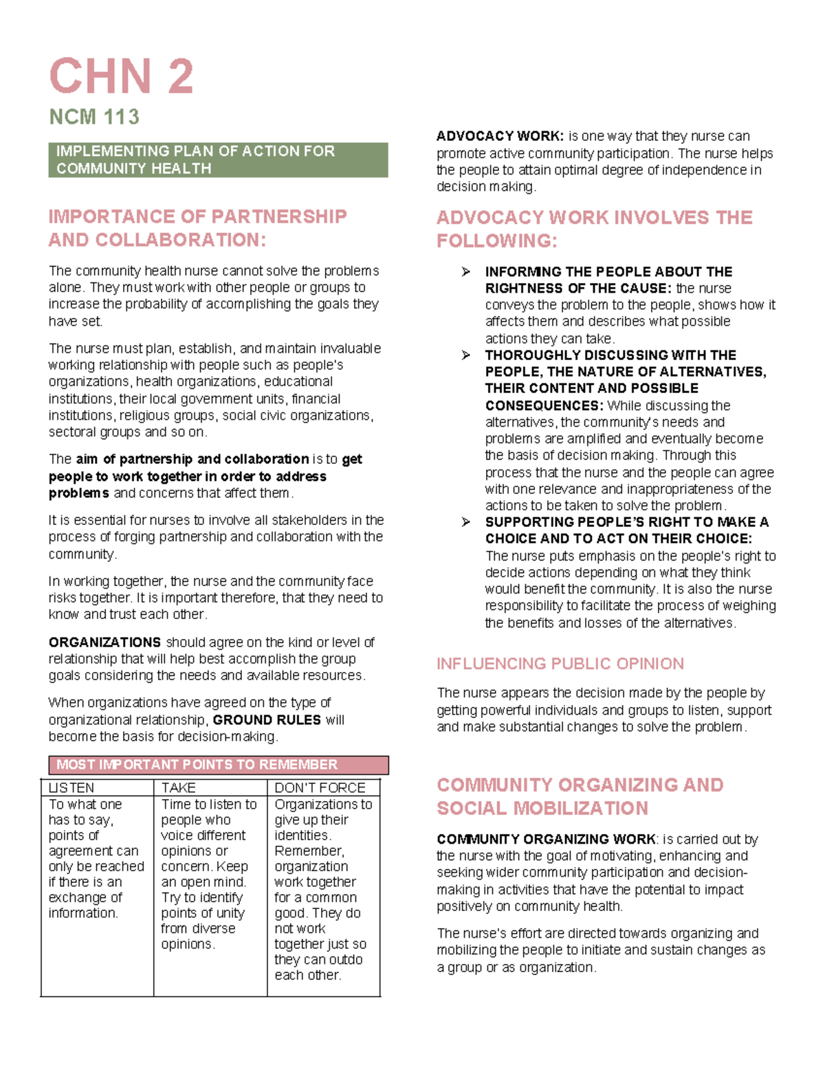 CHN 2 NCM 113 Community Health Advocacy: Implementing Action Plans ...