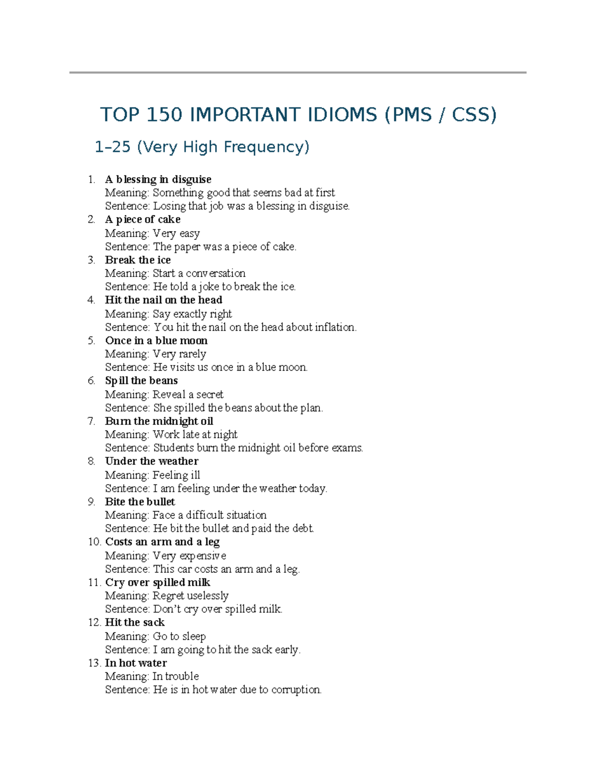 TOP 150 IDIOMS WITH MEANINGS AND EXAMPLES (PMS CSS) - Studocu