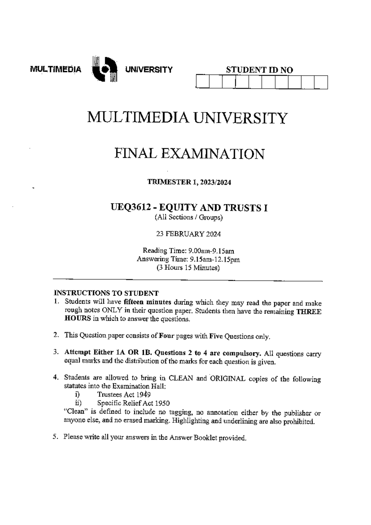 UEQ3612 Final Exam: Equity and Trusts I - Trimester 1 Past Paper - Studocu