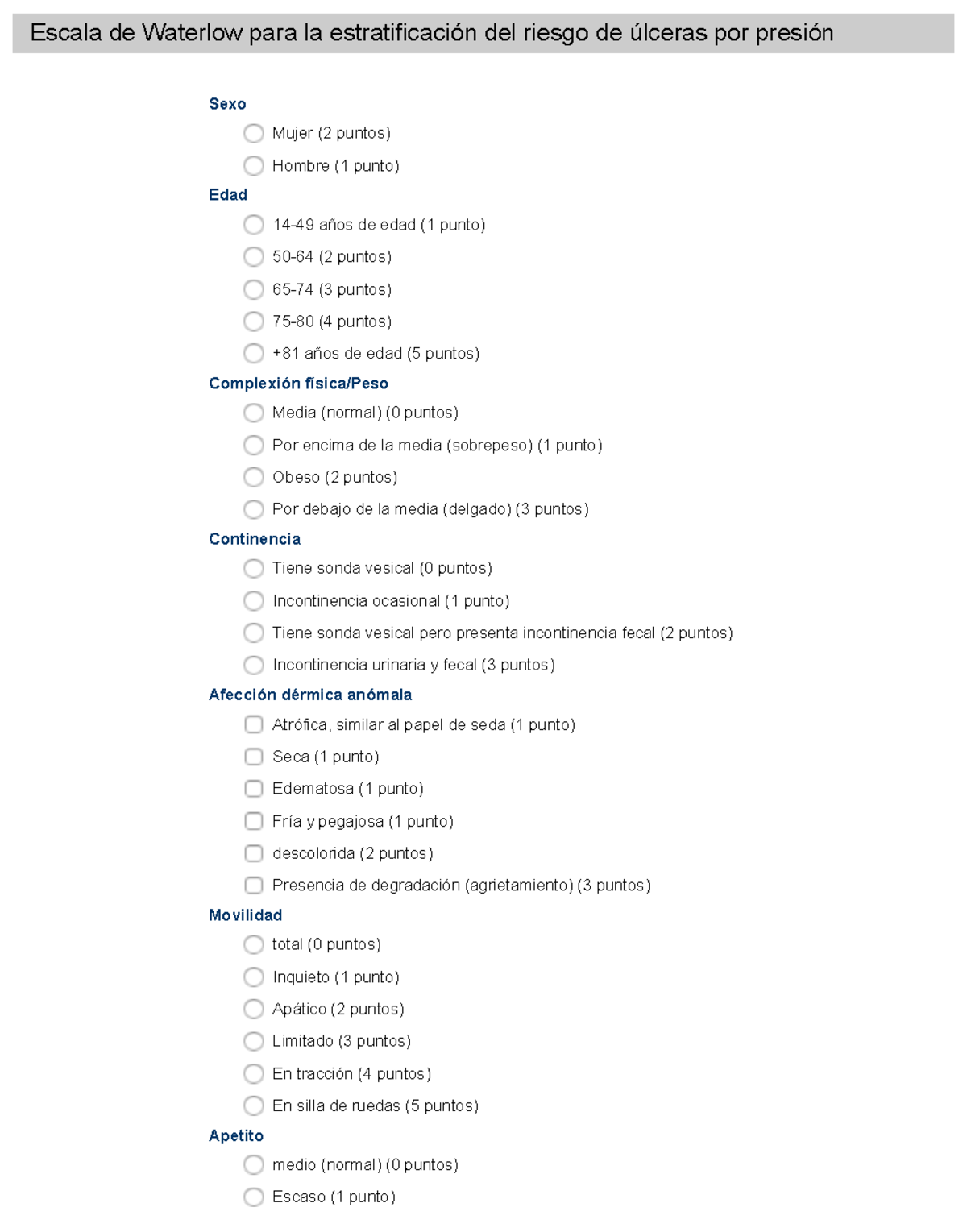 Escala de Waterlow en la evaluación del riesgo de úlceras por presión ...