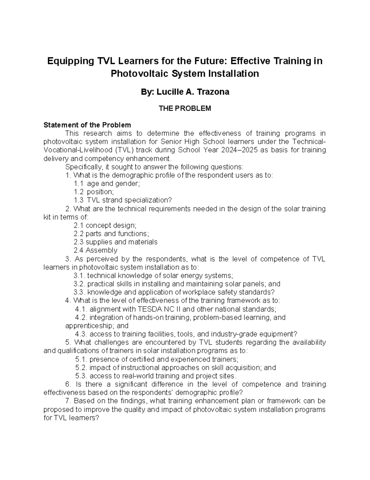TVL Training Effectiveness in Photovoltaic System Installation: Survey ...