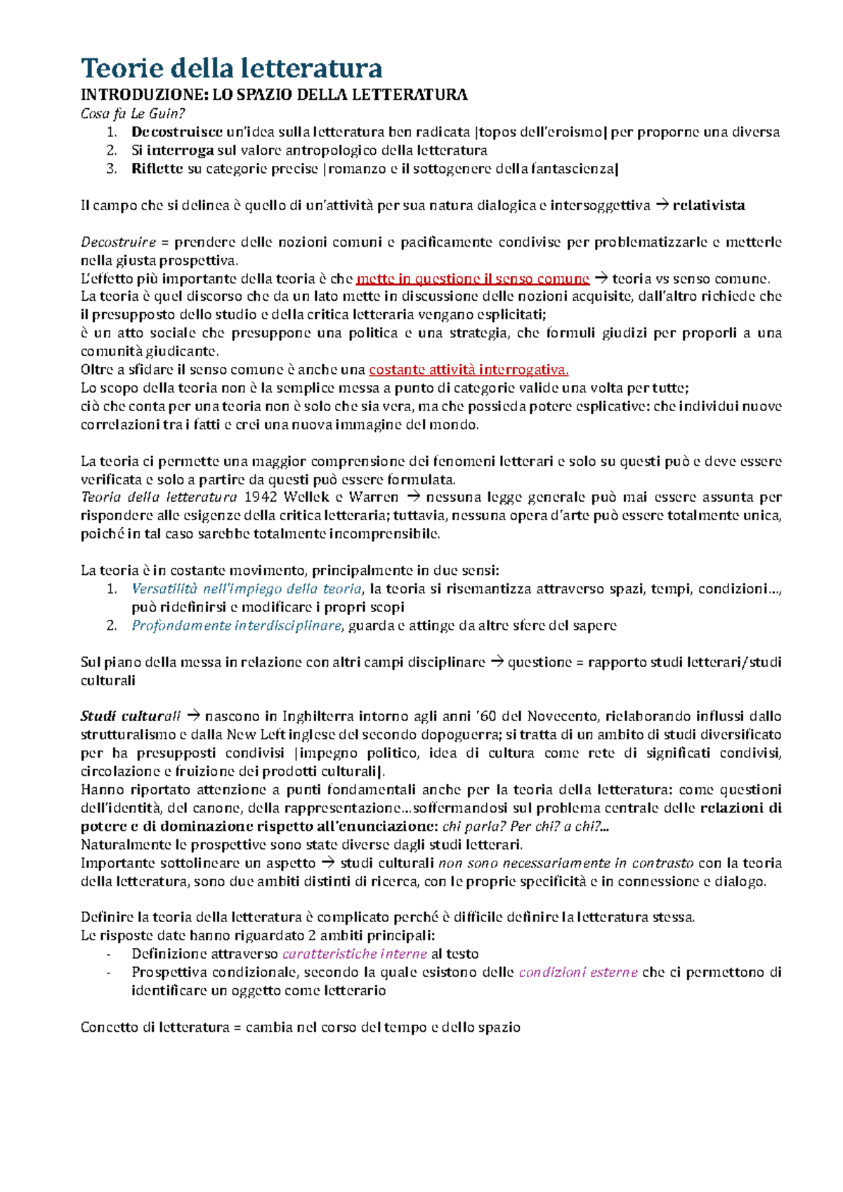 Teorie della letteratura: Introduzione e Riflessioni Critiche - Studocu