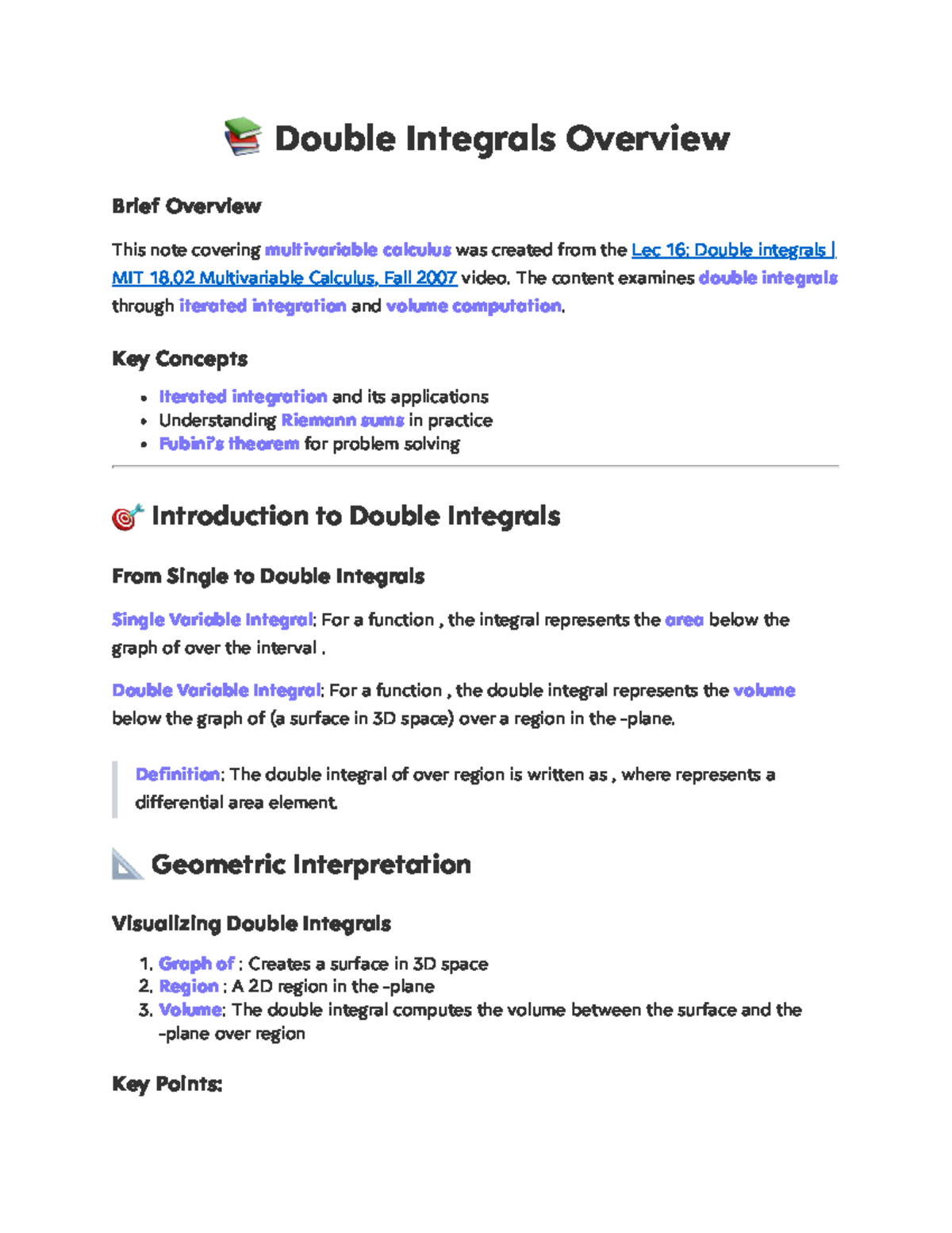 Double Integrals Overview: MIT 18.02 Multivariable Calculus Notes - Studocu