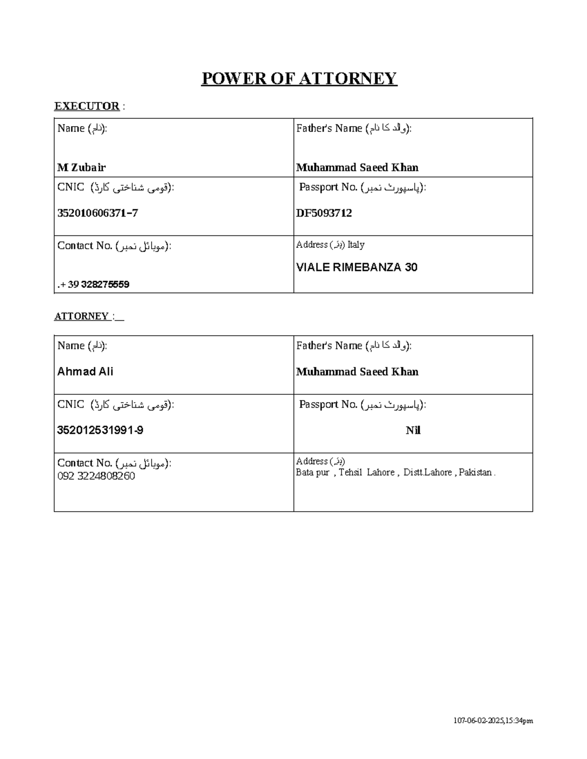 Plot attorney, Double - jjj - POWER OF ATTORNEY EXECUTOR : Name (نام ...