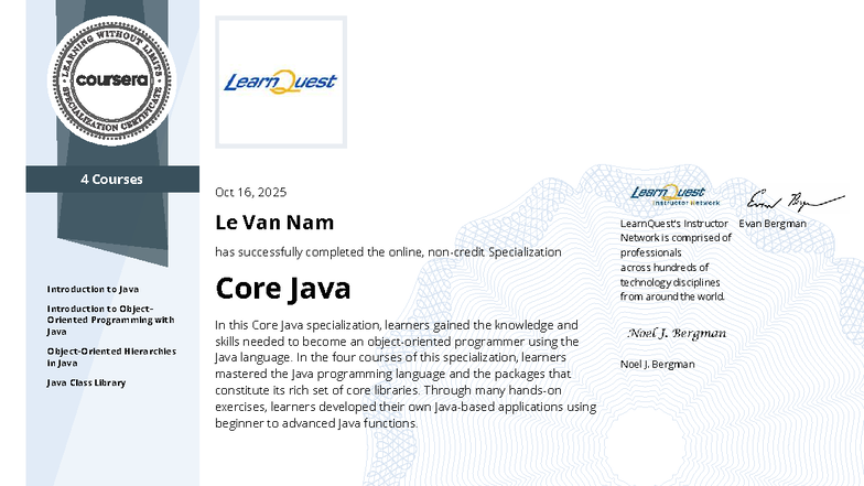 Core Java Specialization Completion Certificate - 4 Courses - Studocu
