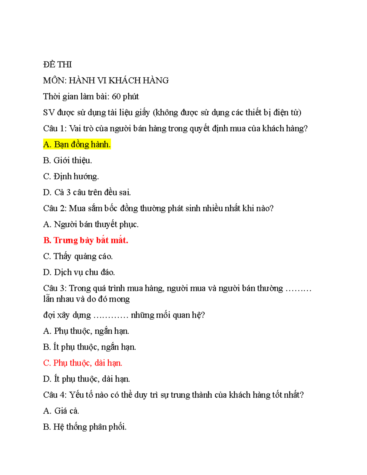 Đề Thi Hành Vi Khách Hàng - Môn HVKH - Studocu