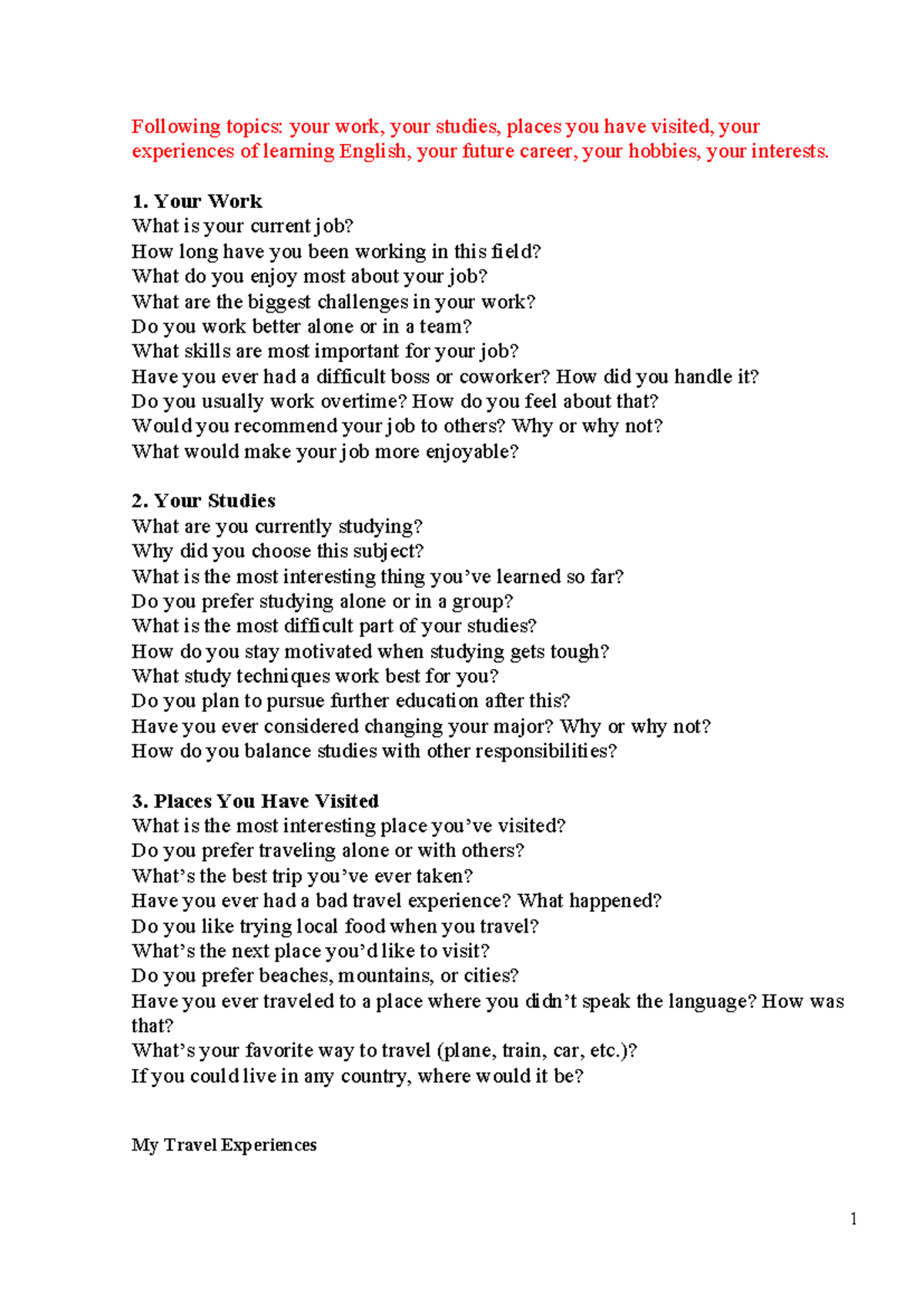 Exploring Personal Experiences: Work, Studies, Travel, and Interests ...