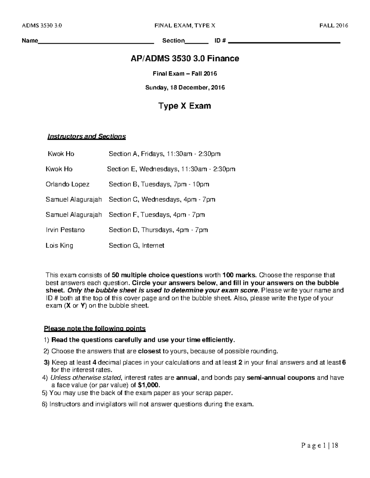 ADMS 3530 Fall 2016 Final With Conceptual - ADMS 3530 3 FINAL EXAM ...