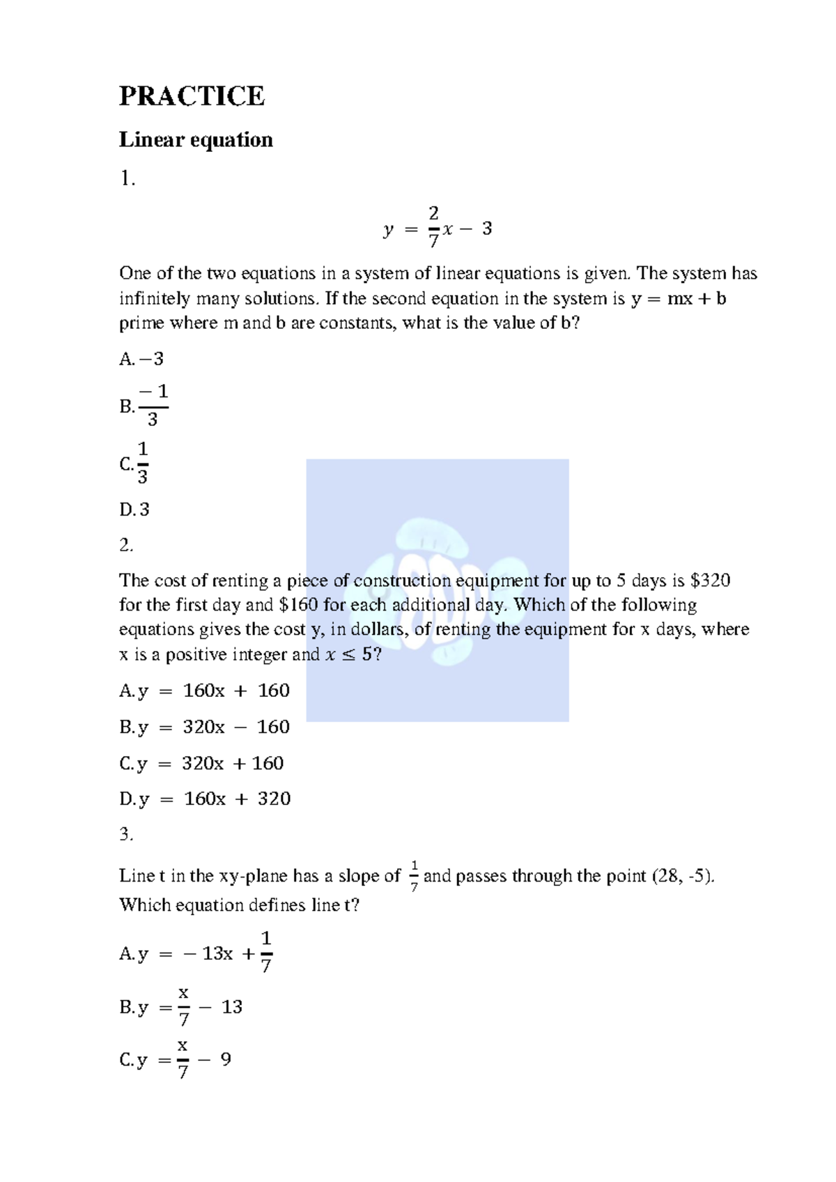 BÀI TẬP TOÁN SAT - PRACTICE Linear Equations and Functions - Studocu