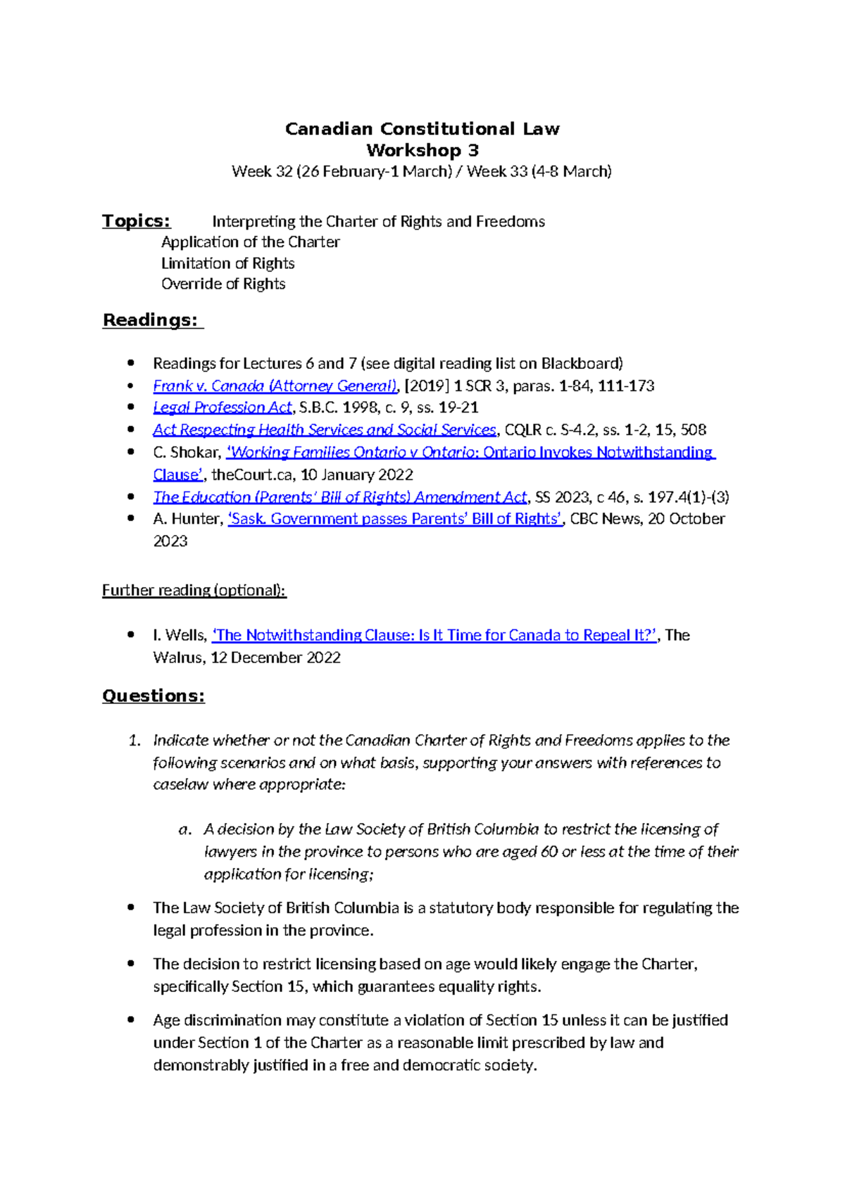 Canadian Constitutional Law Workshop 3: Charter Rights Analysis & Cases ...
