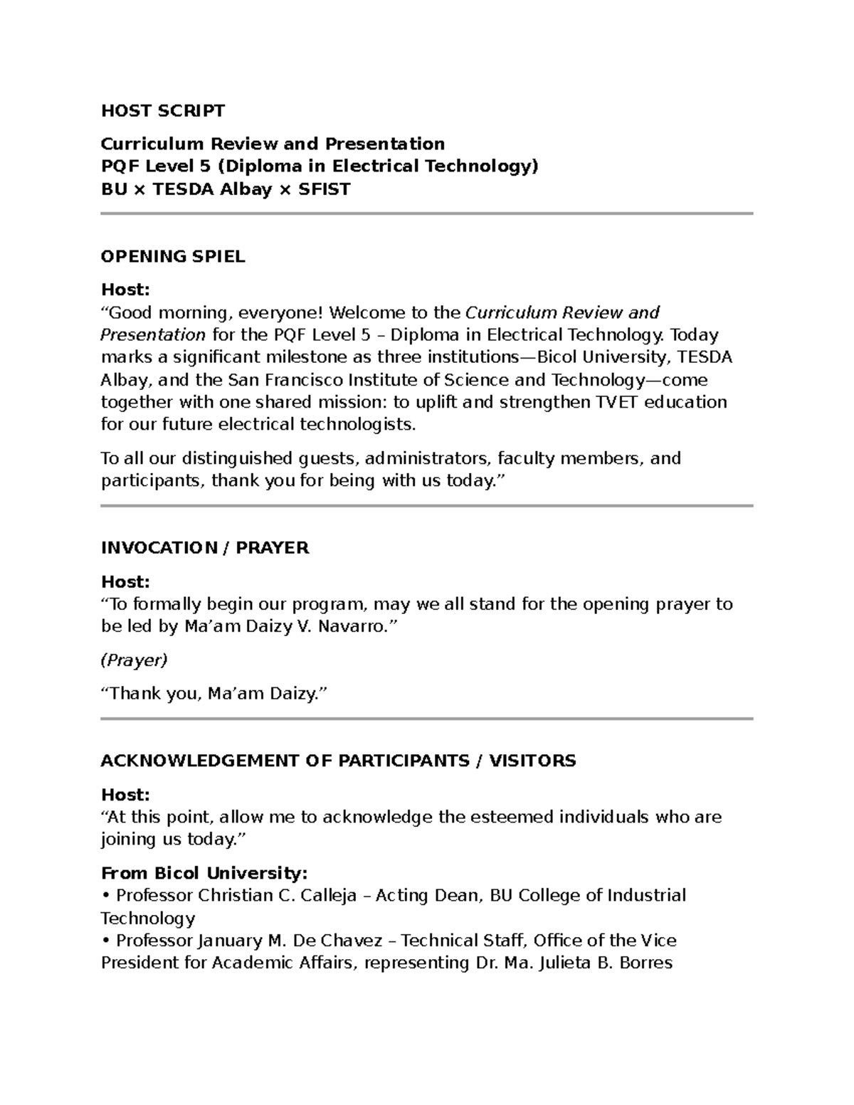 HOST SCRIPT for Curriculum Review Presentation PQF Level 5 - Electrical ...