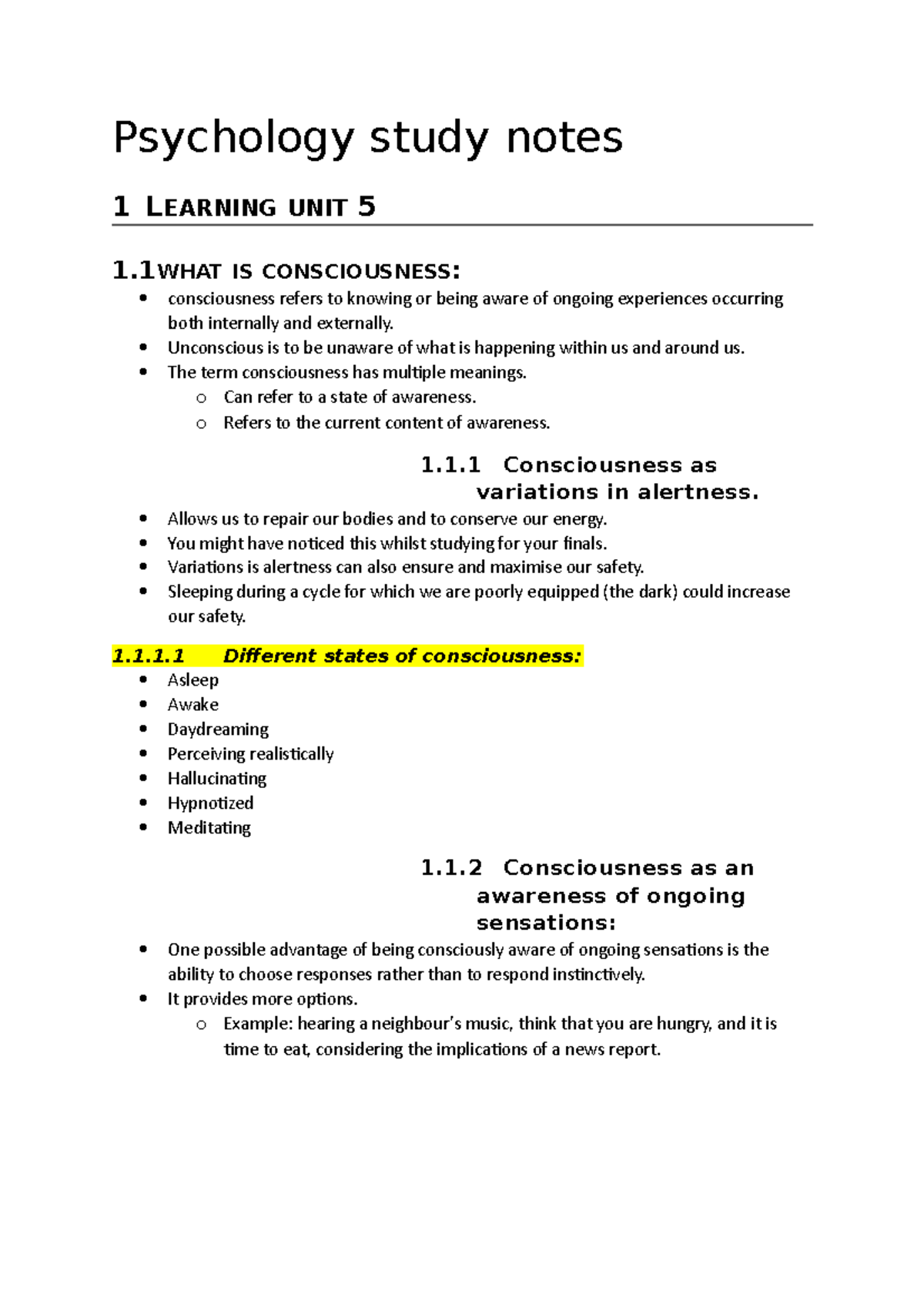 Psychology Study Notes: Unit 5 - Consciousness and Awareness - Studocu