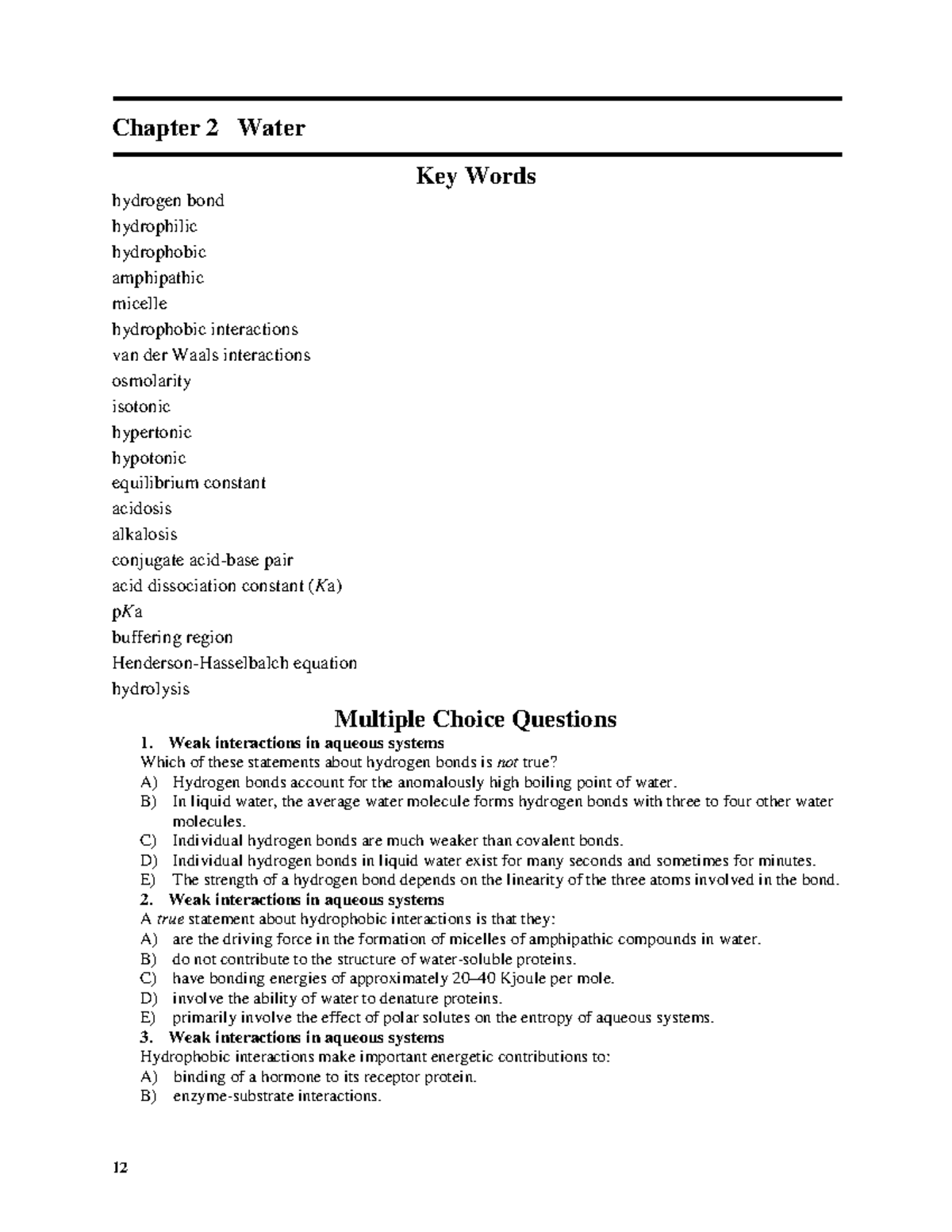 Lehninger Biochemistry Ch 2 - Water Test Bank Questions & Key Terms ...