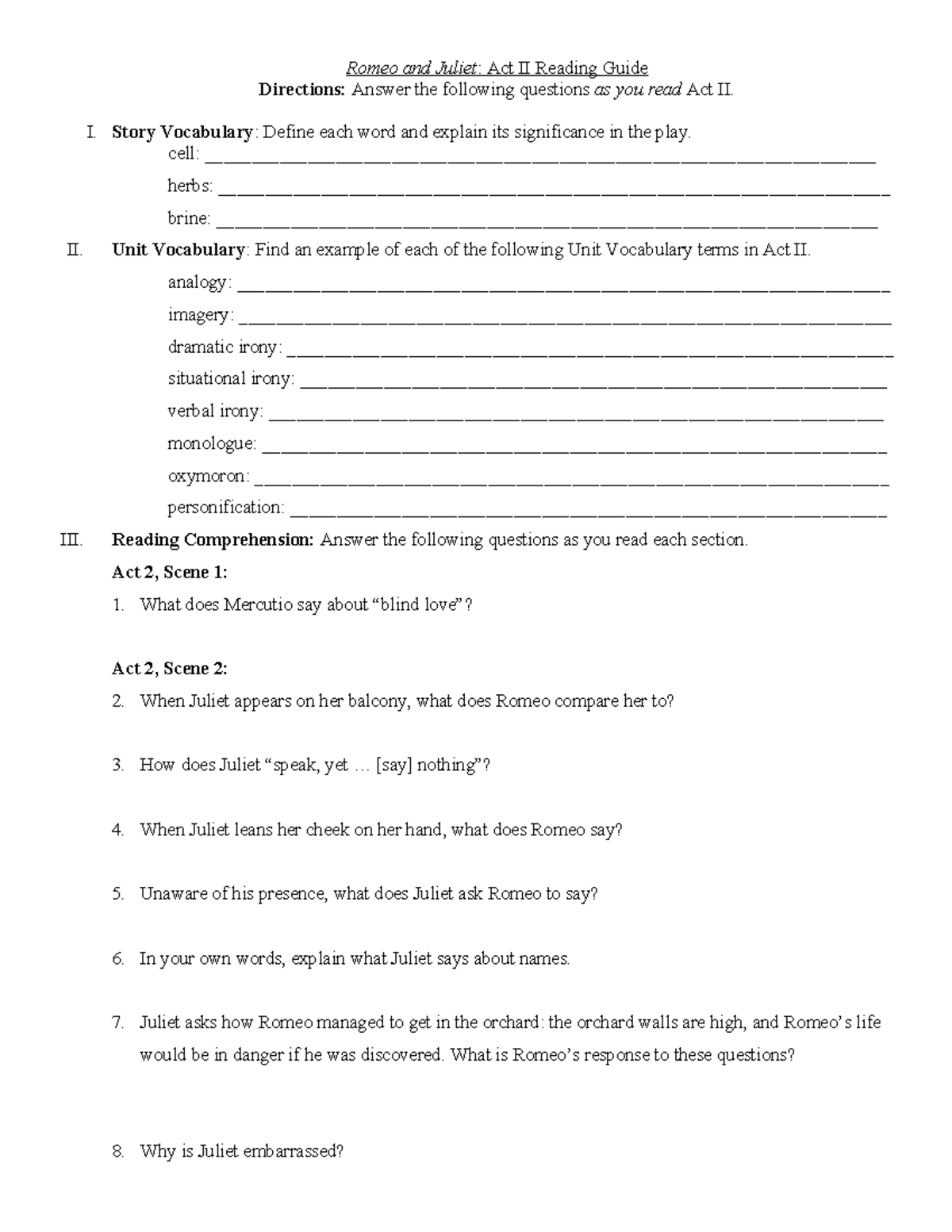 RJ Act II Reading Guide: Key Questions & Vocabulary Analysis - Studocu