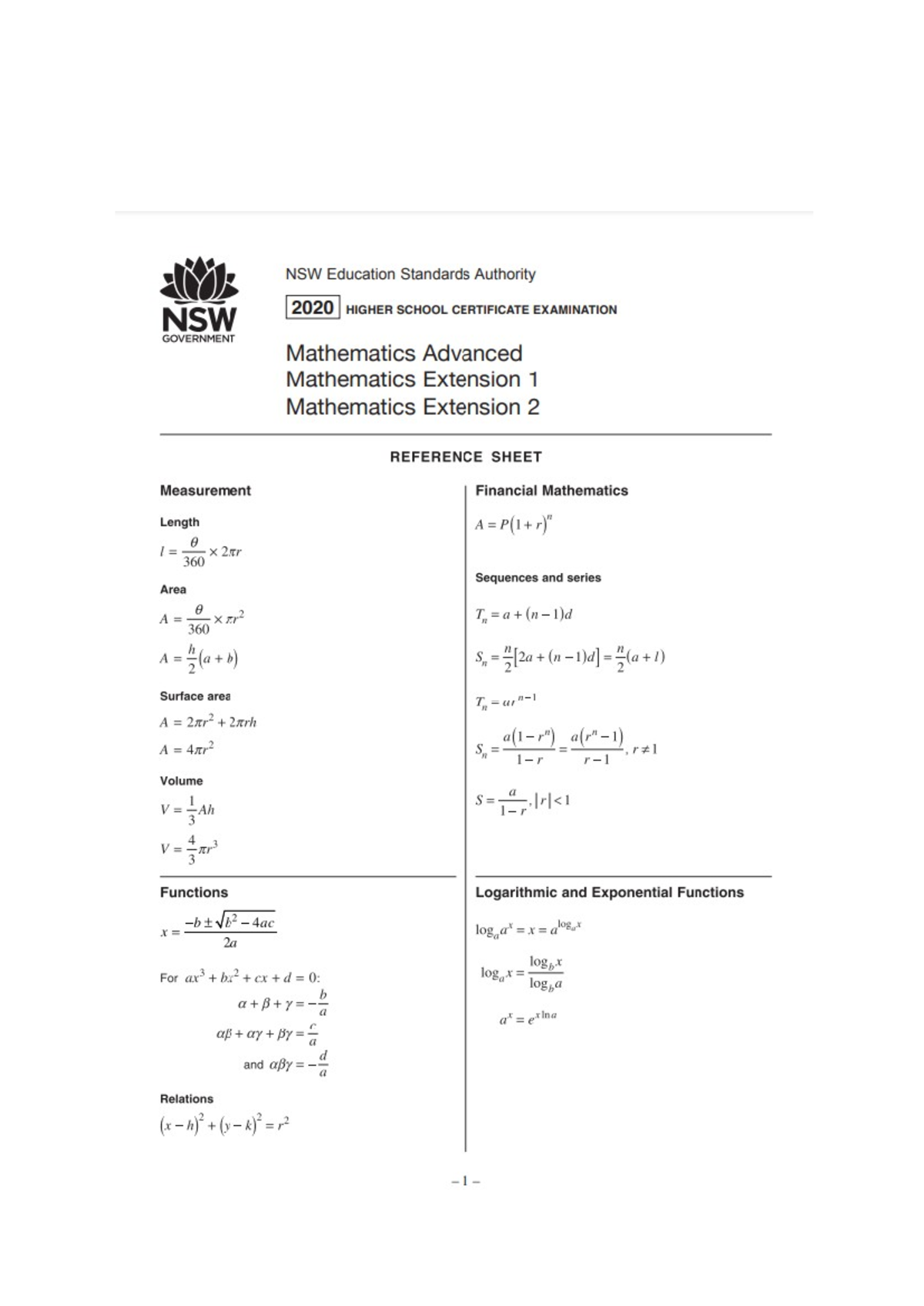 HSC 2020 Advanced Mathematics Formula Reference Sheet - Studocu