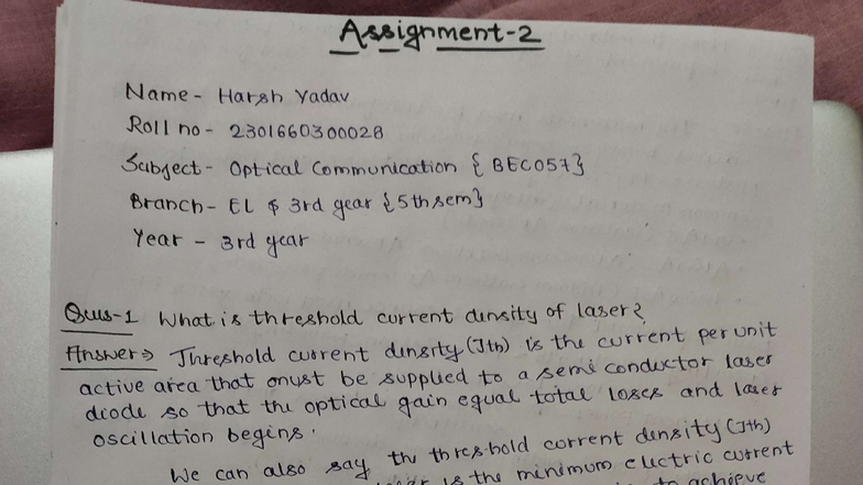 Optical Communication EL 3rd Year: Threshold Current Density ...