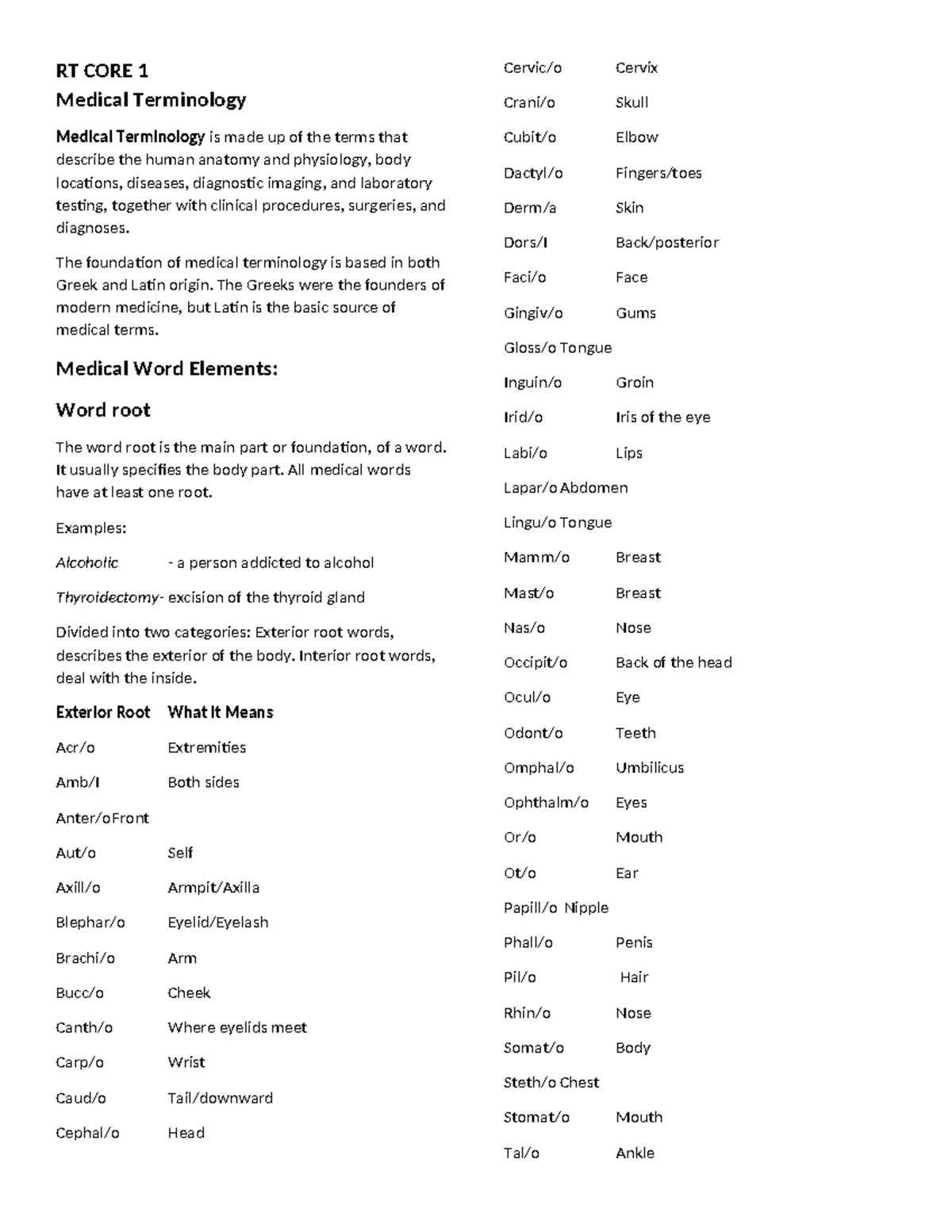 RT CORE 1 Medical Terminology: Understanding Anatomy and Terms - Studocu