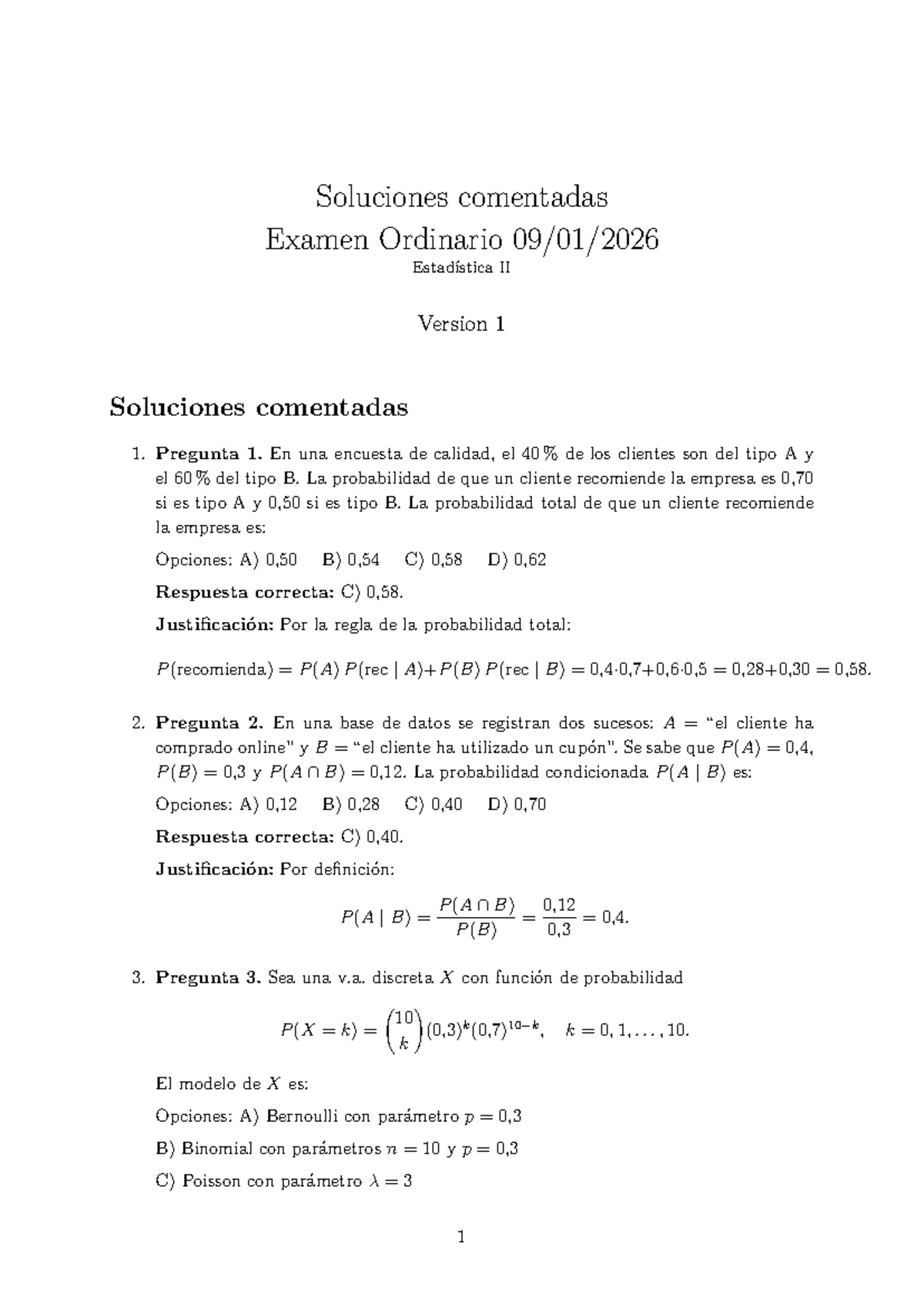 Soluciones Comentadas Examen Ordinario Estadística II - Studocu