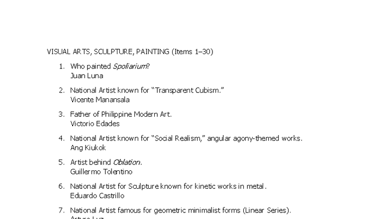 Visual Arts: National Artists and Their Contributions (ART 101) - Studocu