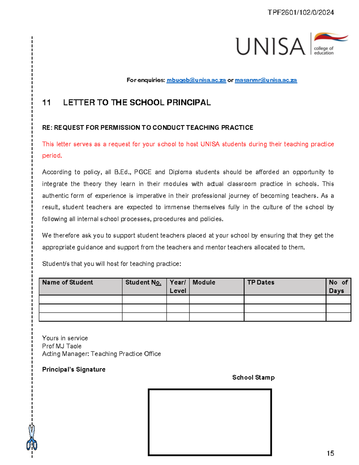 TPF 2601 Teaching Practice Request Letter for School Principal - Studocu