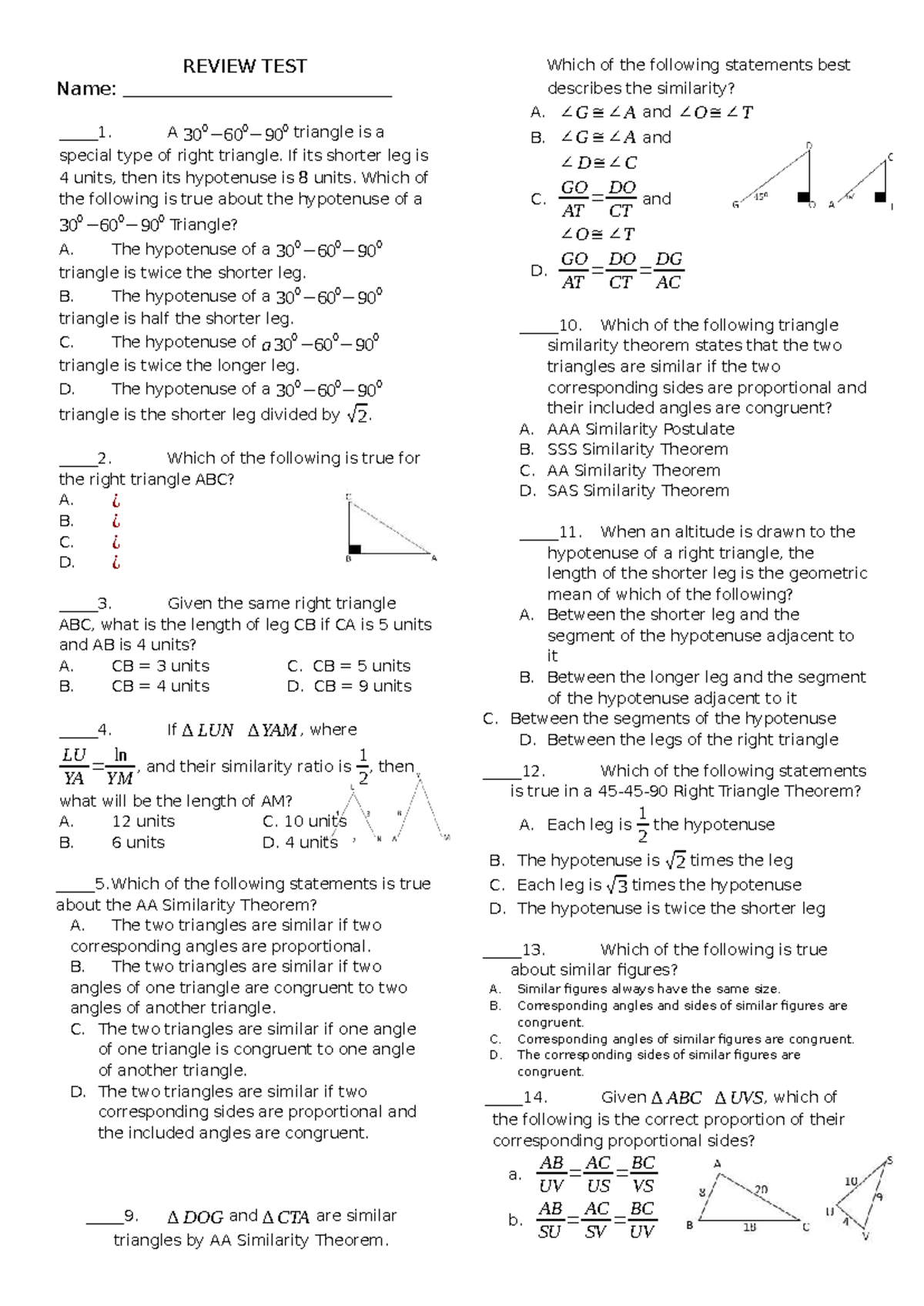 REVIEW TEST - Math: Triangle Similarity & Theorems - Studocu