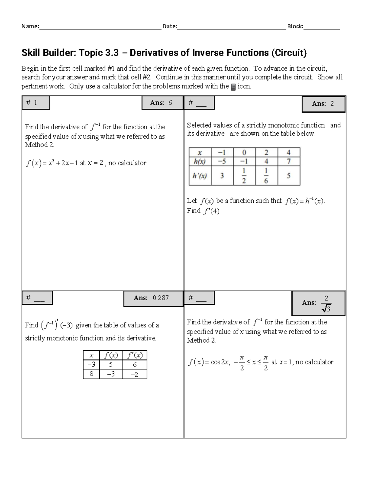 C4 - Unit 6: Derivatives of Inverse Functions Skill Builder - Studocu