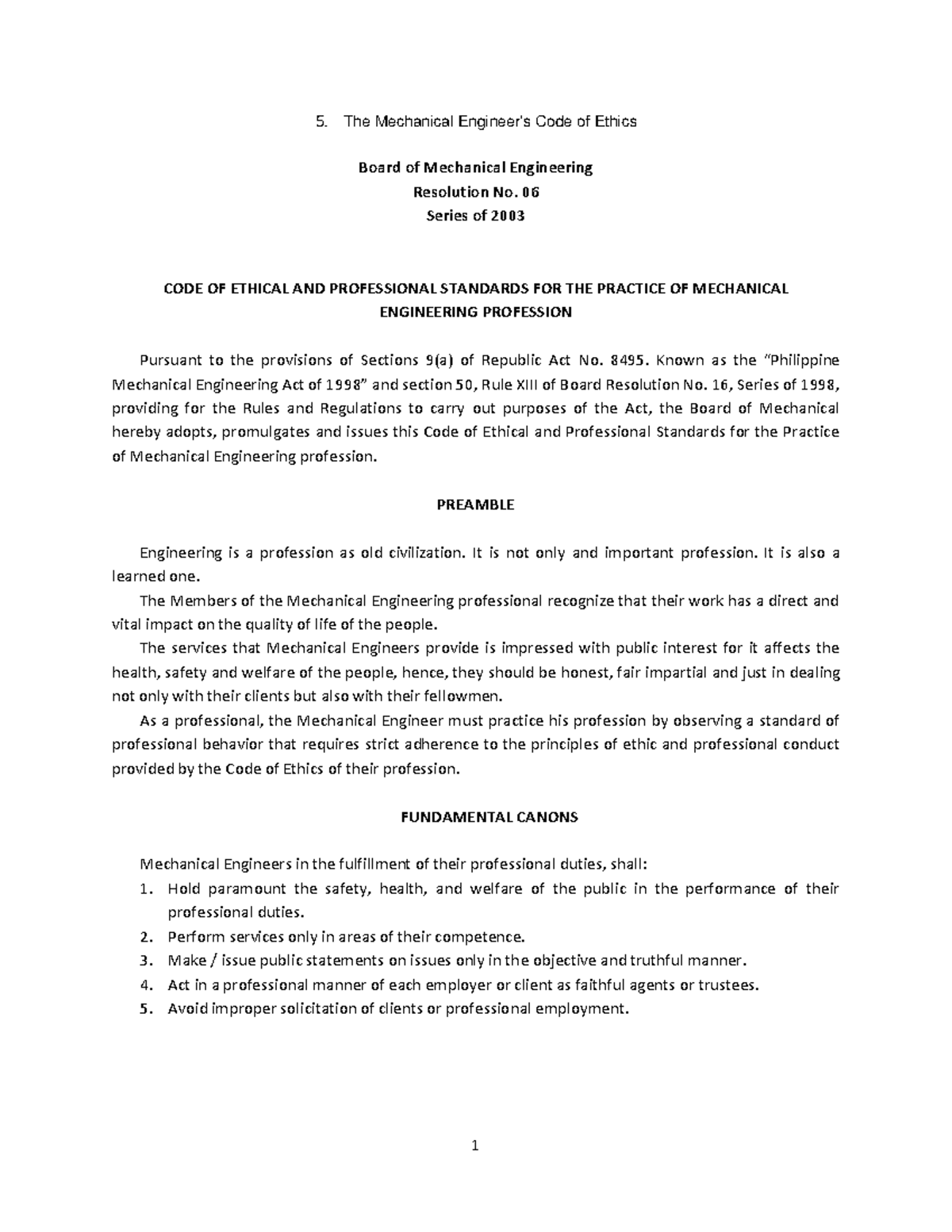 Mechanical Engineering Code of Ethics (Resolution No. 06, 2003) - Studocu