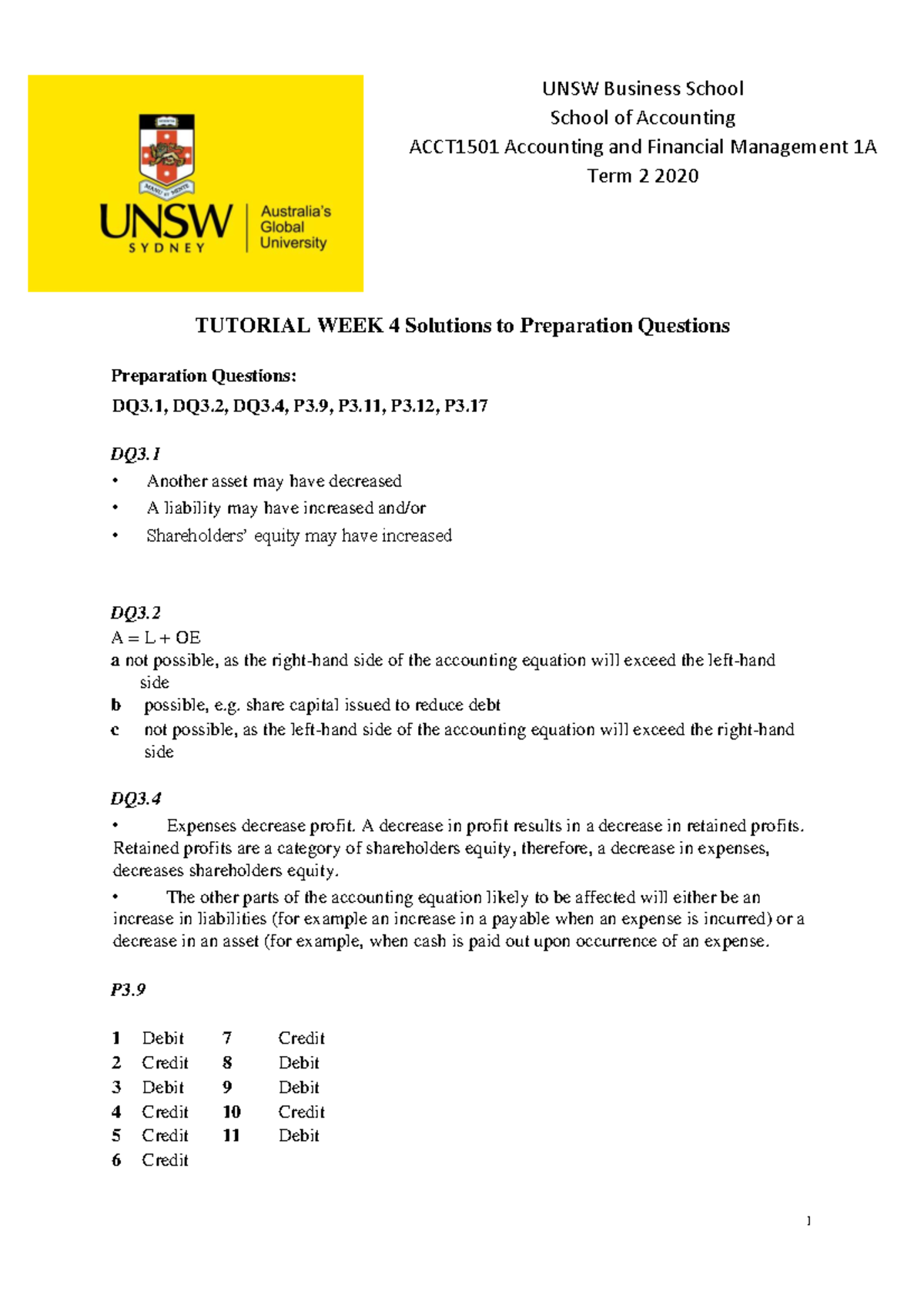 Week 4 Solutions to Preparation Questions - 1 UNSW Business School ...