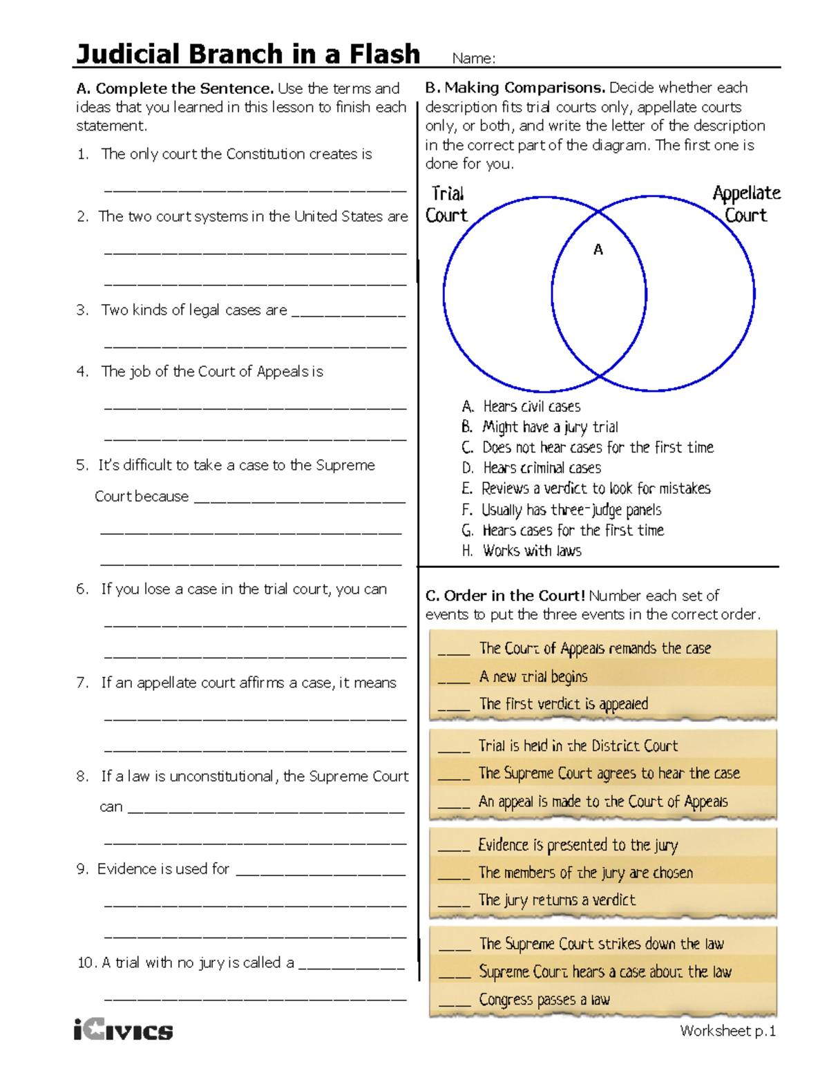 Judicial Branch in a Flash: Activities Worksheet and Comparison Guide ...