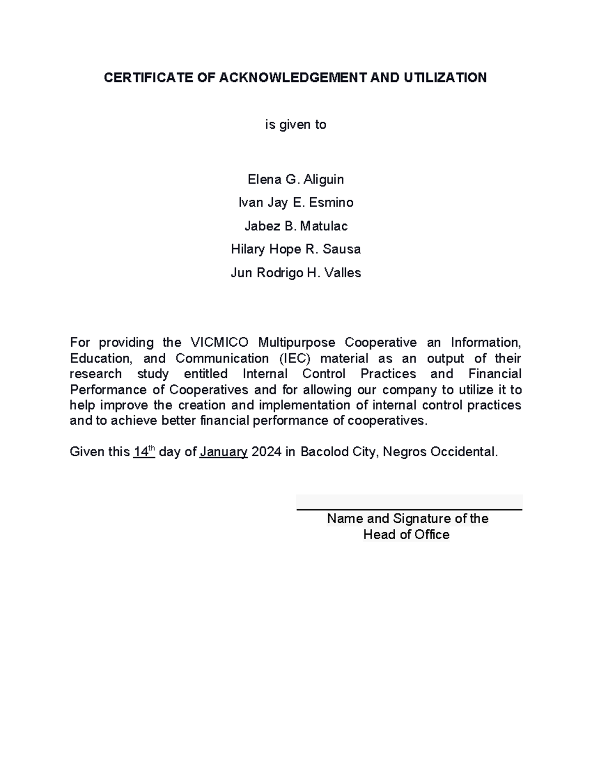 Certificate of Acknowledgment - Research Utilization (2024) - Studocu