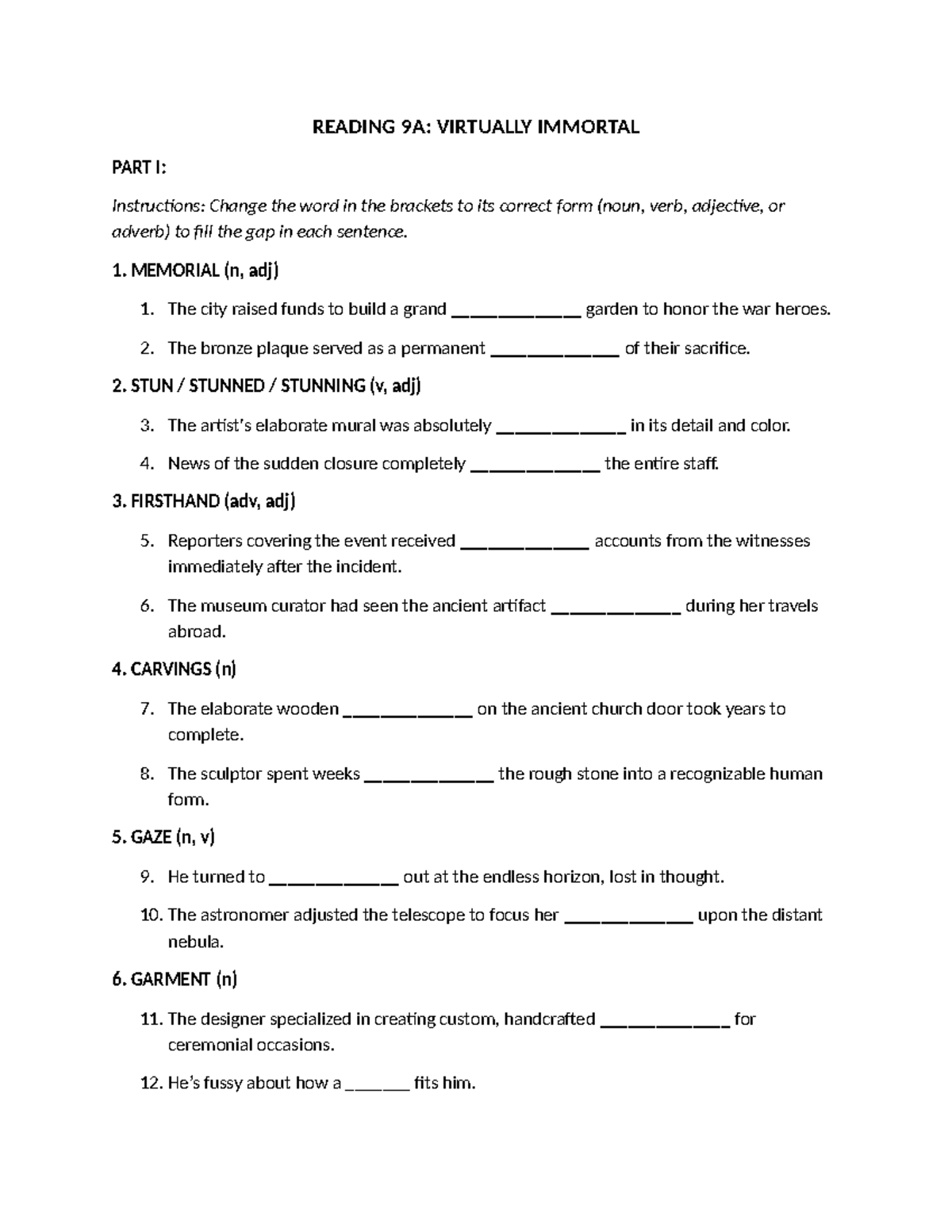 Vocab Exercise UNIT 9: Virtually Immortal Part I Fill-in-the-Blanks ...