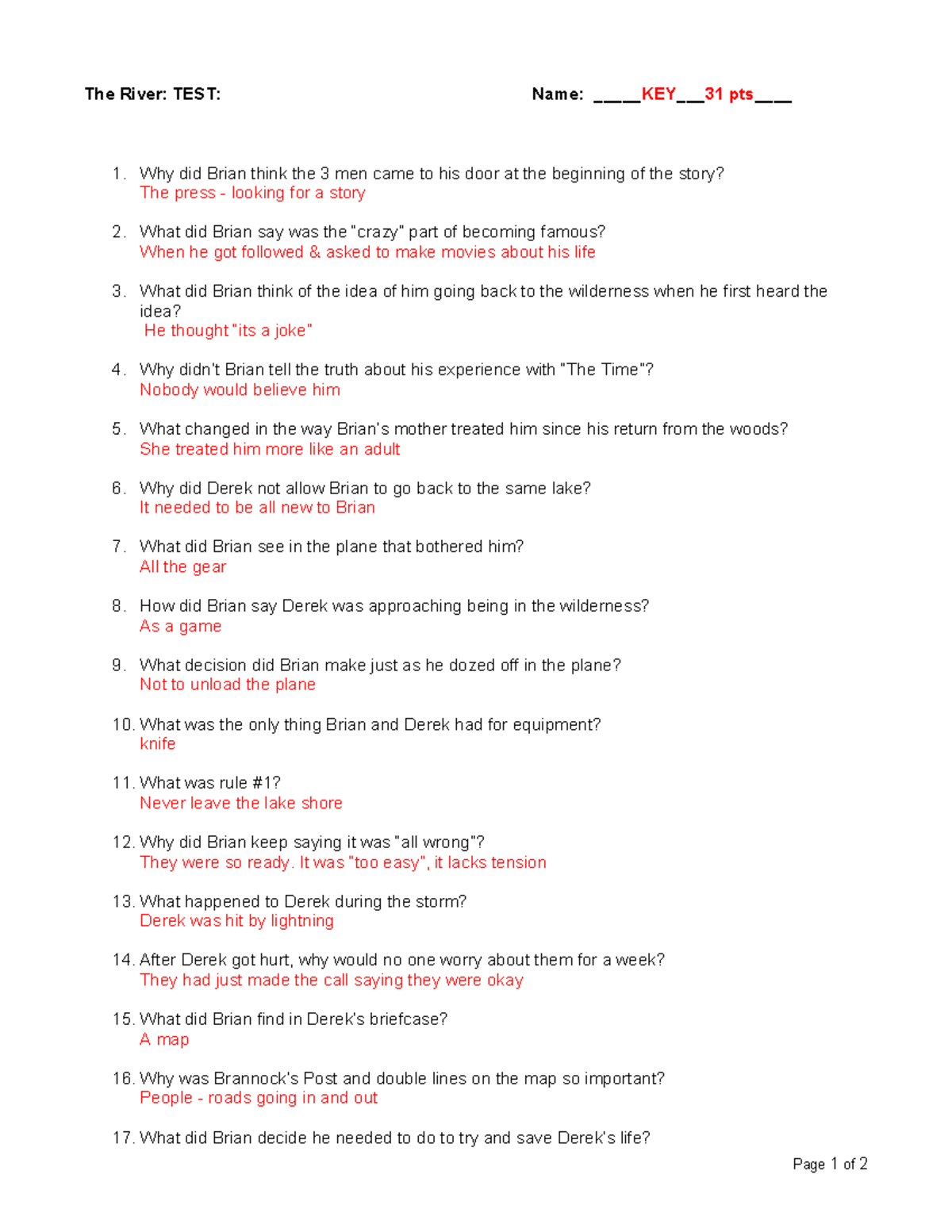 TEST KEY - The River (Gary Paulsen) - Study Guide Questions - Studocu